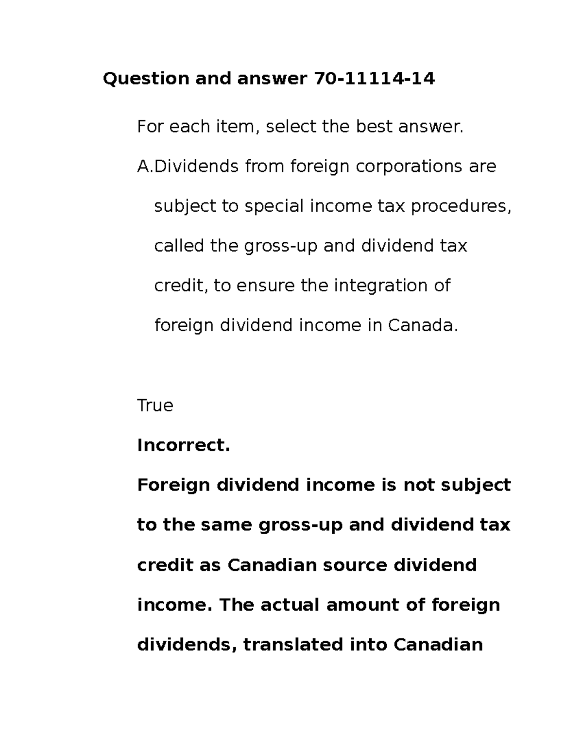 Question and answer 70-11114-14, Byrd&chen's Canadian tax principles ...