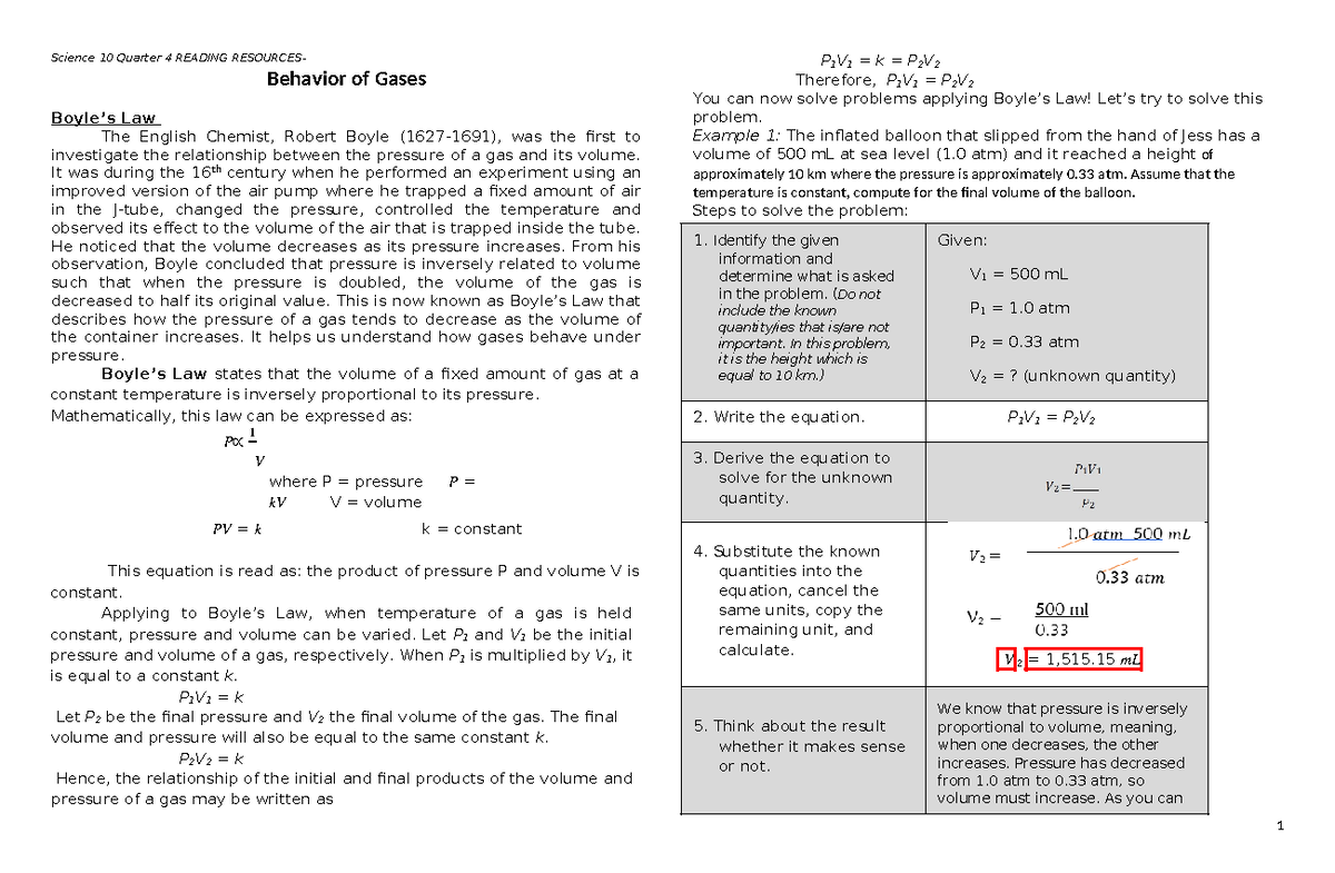 Q-4-plain - Science 10 Quarter 4 READING RESOURCES- Behavior of Gases ...