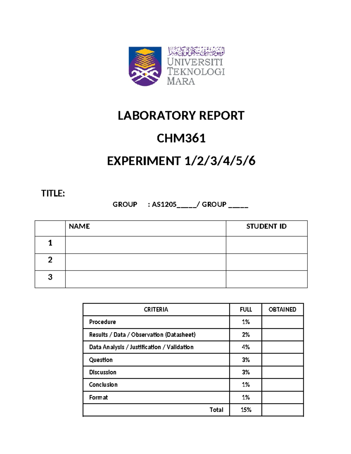 CHM361 Front PAGE LAB Report - Applied Sciences - LABORATORY REPORT CHM ...