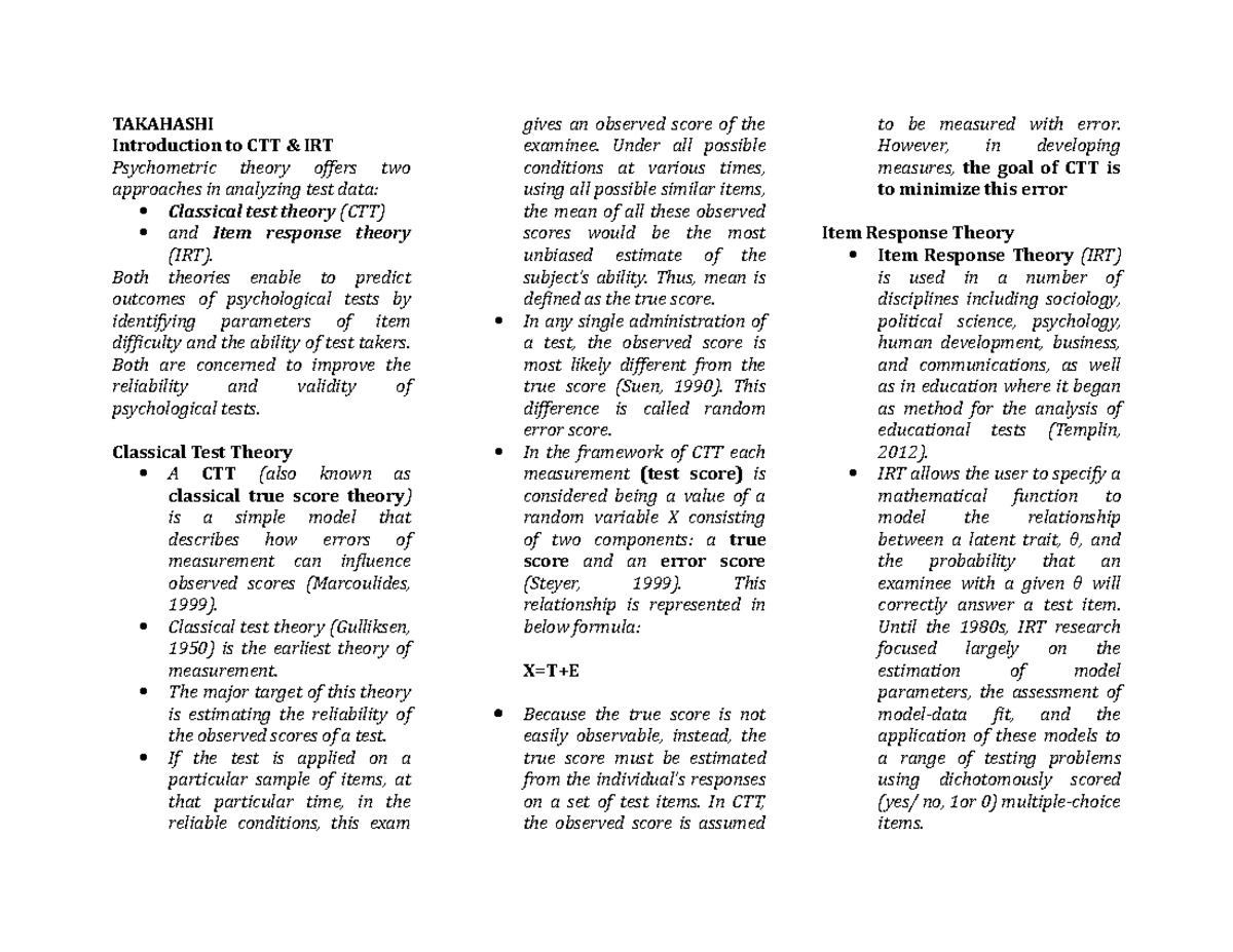 CTT IRT Handouts FOR P1 - TAKAHASHI Introduction to CTT & IRT Psychometric theory offers two ...