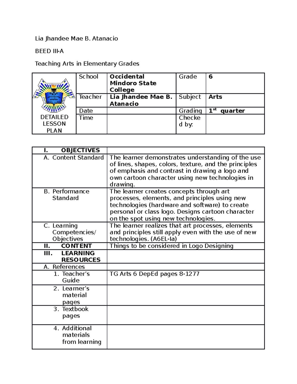 Leeson-PLAN-ARTS - Detailed Lesson Plan in Arts - Lia Jhandee Mae B ...