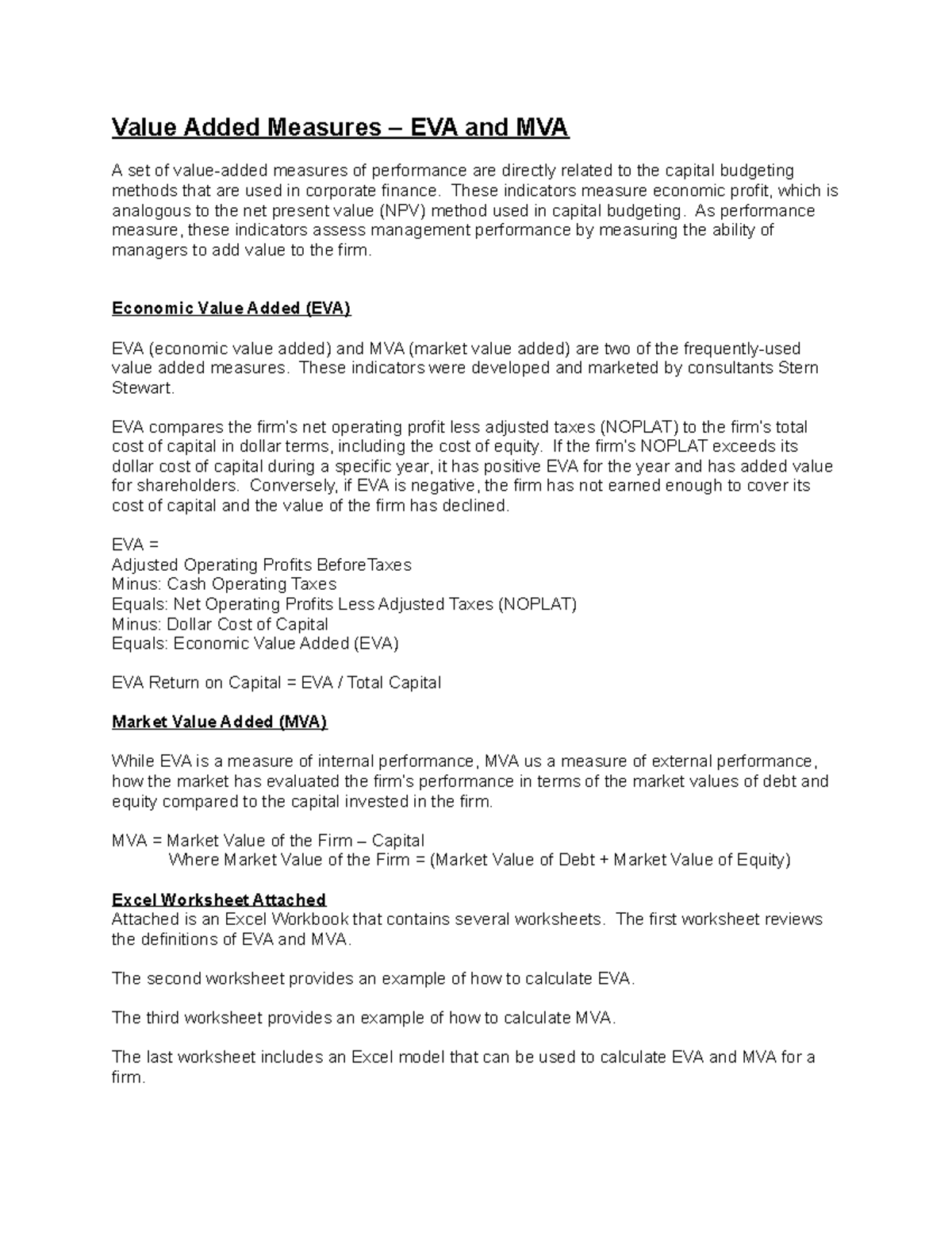 1 EVA MVA Intro 013116 - EVA - Value Added Measures – EVA and MVA A set ...