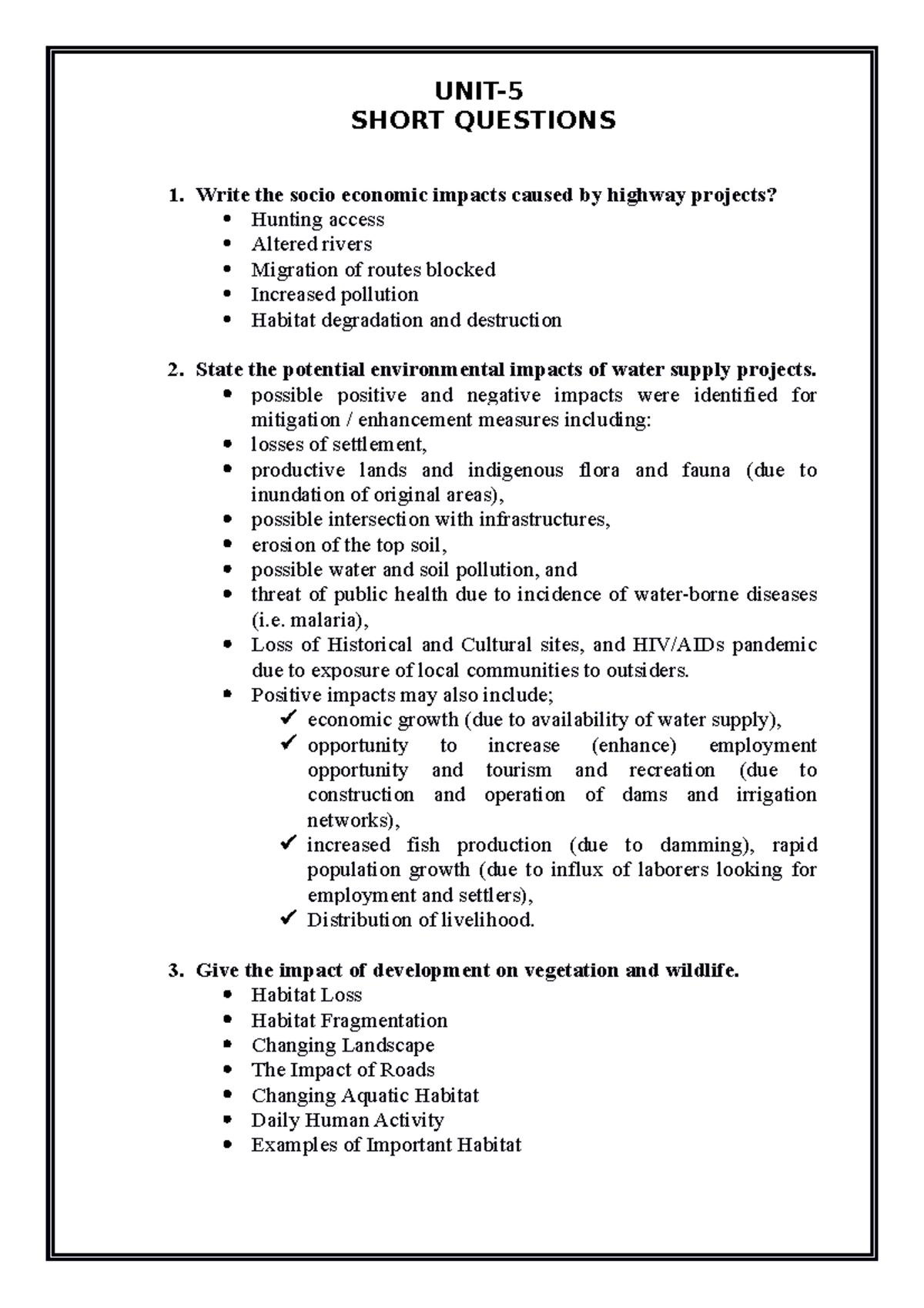 EIA UNIT -5 Prepared Notes - UNIT- SHORT QUESTIONS Write the socio ...