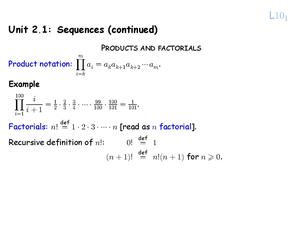 L10 - Lecture 10 _Sequences_ PRODUCTS AND FACTORIALS (telescoping ...
