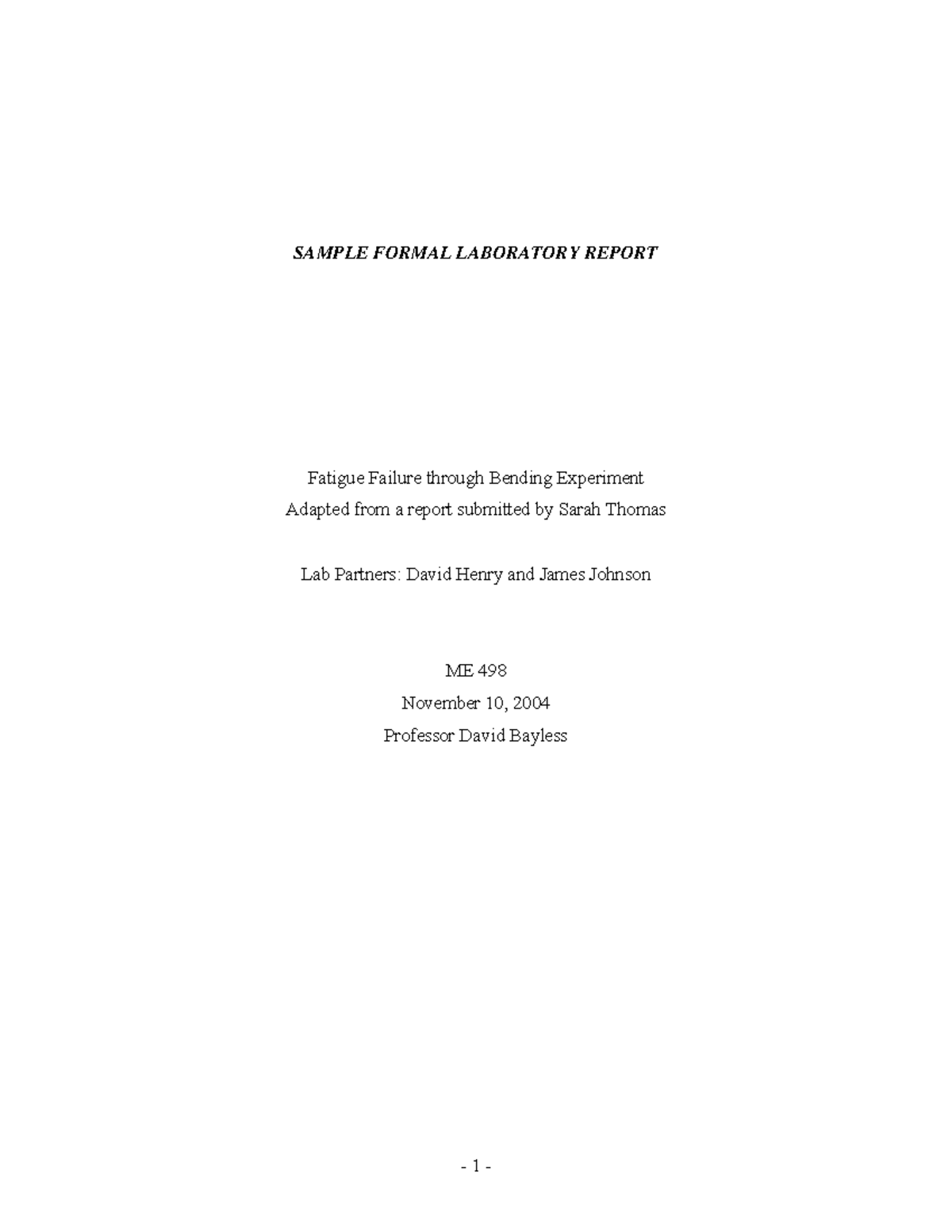 2 - Fatigue testing - 1 - SAMPLE FORMAL LABORATORY REPORT Fatigue ...