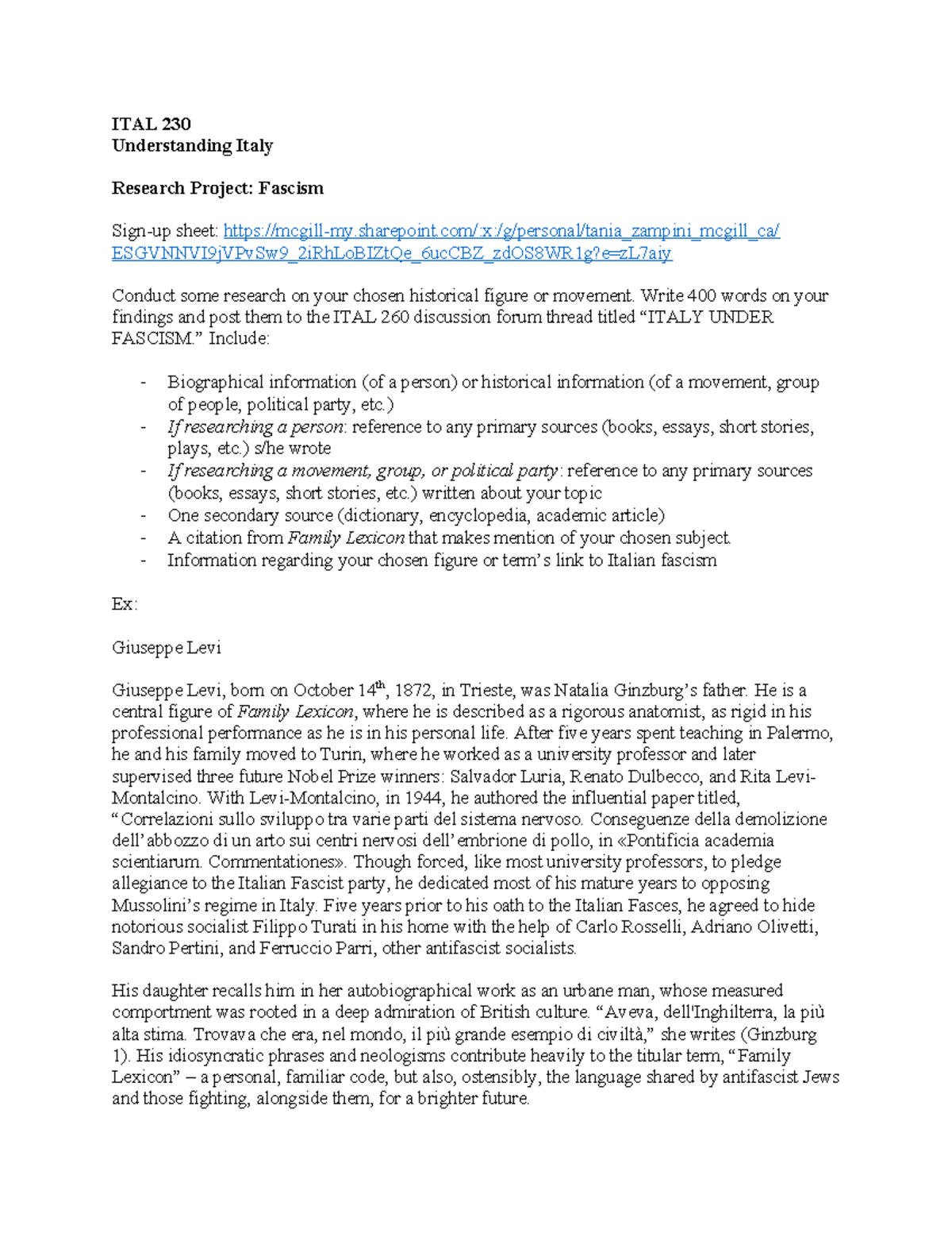 ITAL 230 Research Project and Oral presentation 1 Instructions - ITAL ...