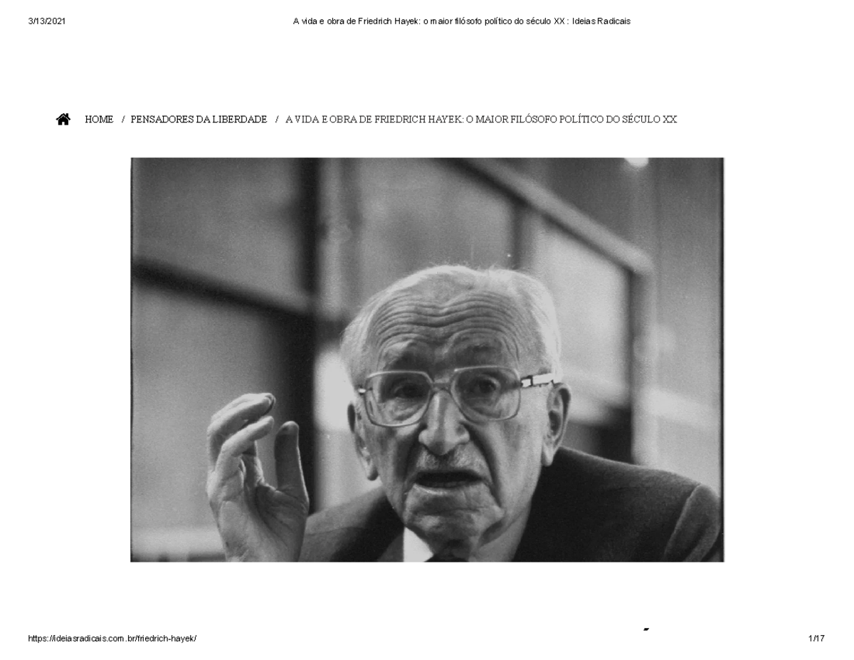 A vida e obra de Friedrich Hayek o maior filósofo político do século XX ...