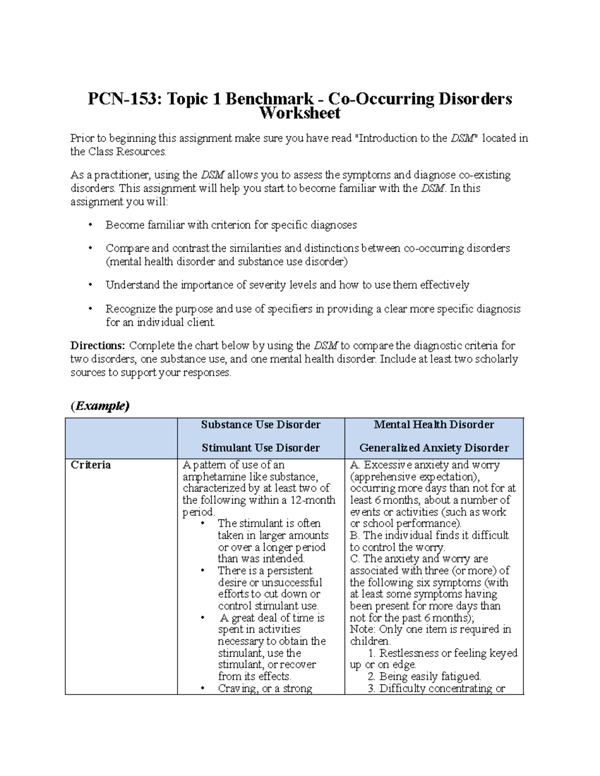 Co-occurring disorders worksheet - PCN-153: Topic 1 Benchmark - Co ...