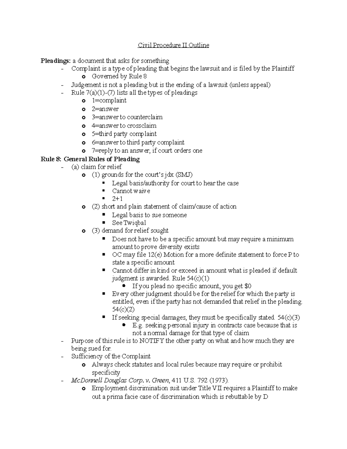 Civil Procedure II Outline - Civil Procedure II Outline Pleadings: a ...