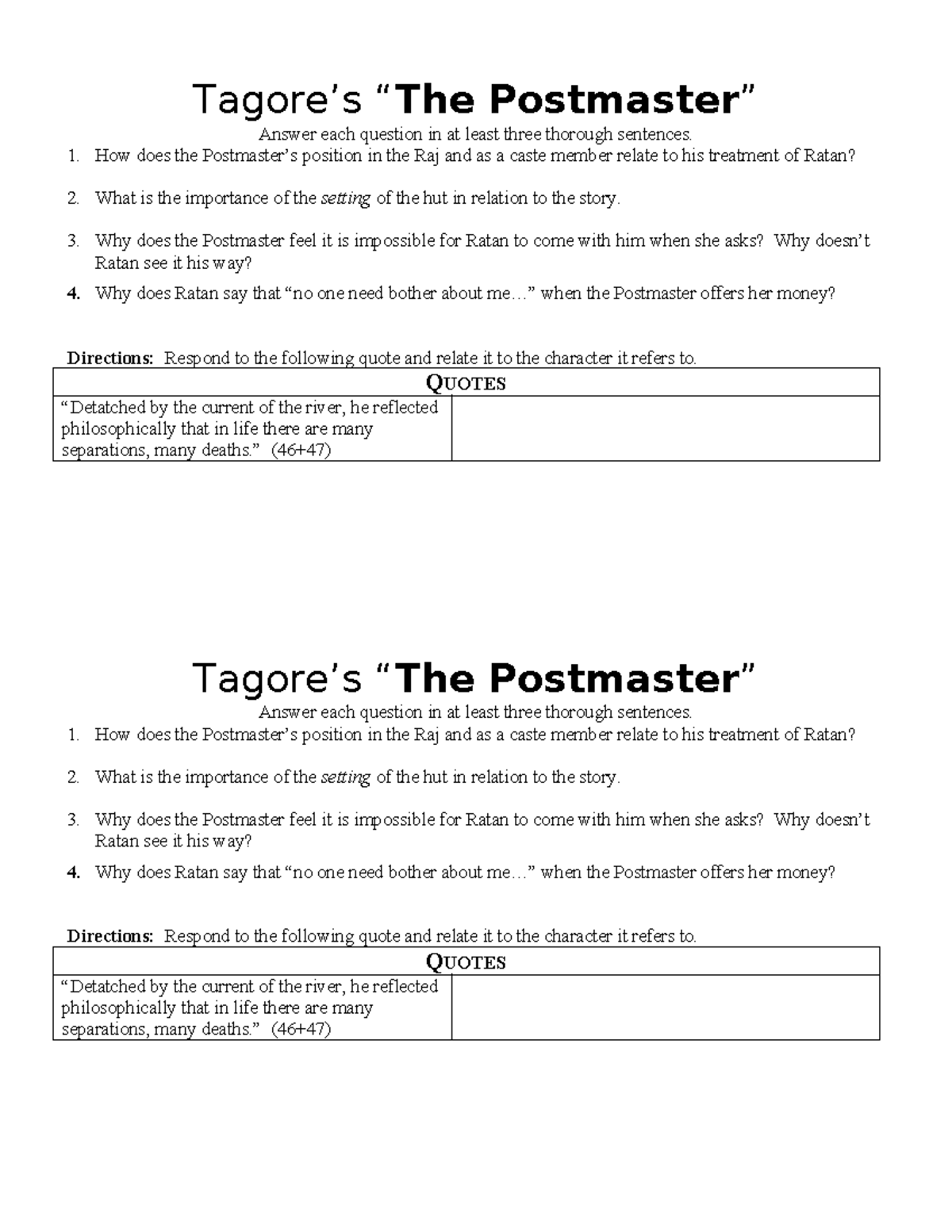 Postmaster Wksht upload b - Tagore’s “The Postmaster” Answer each ...