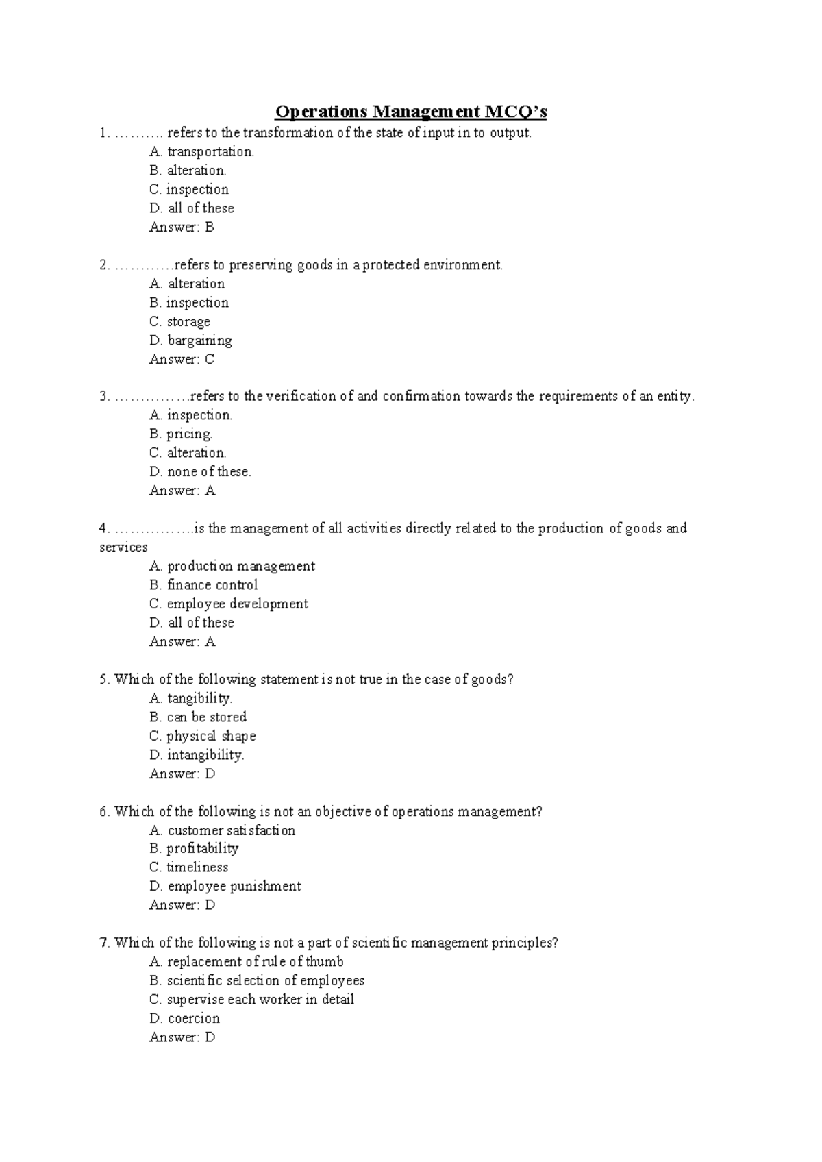Operations Management MCQs Mid Term - Operations Management MCQ’s ...