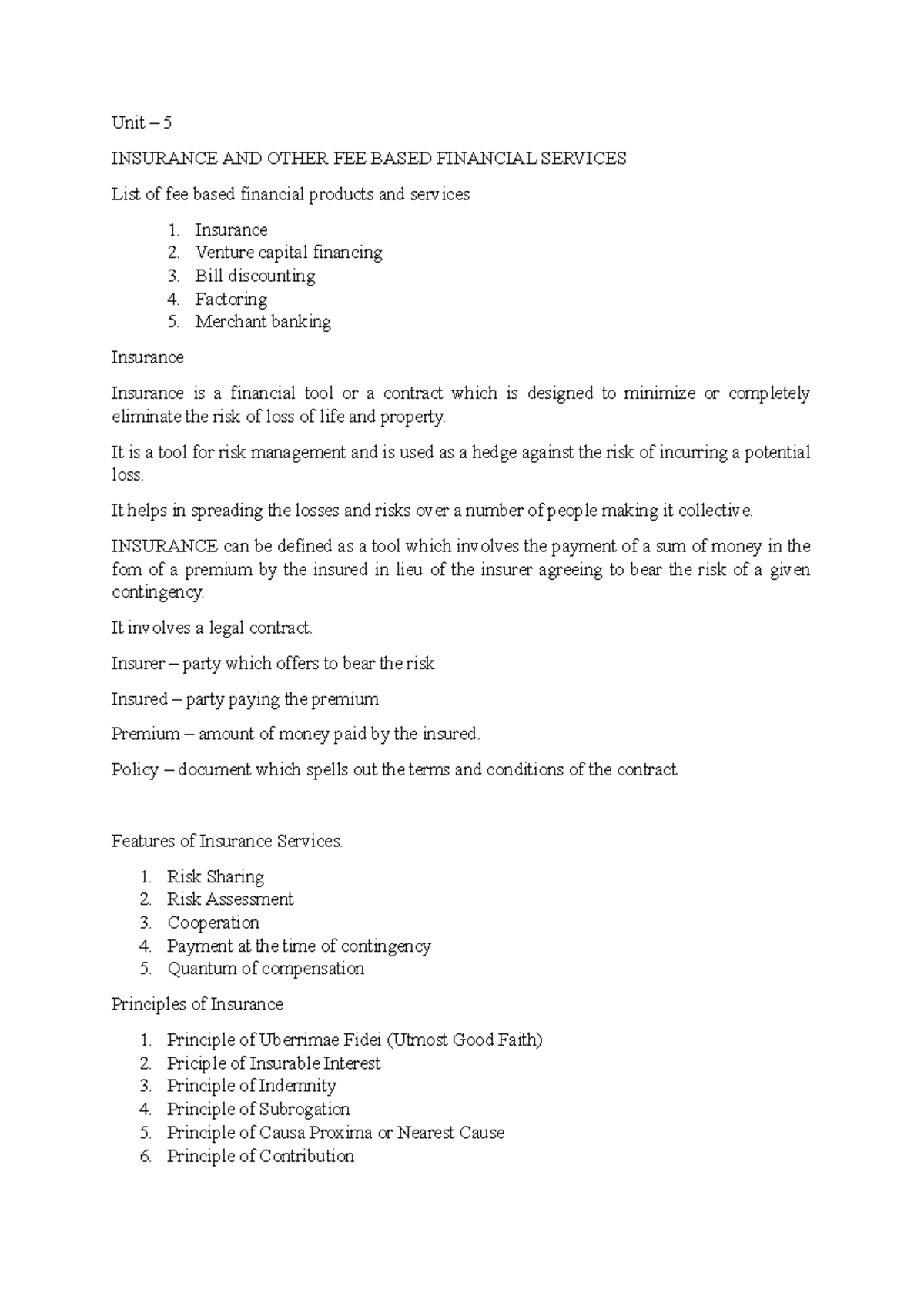 BFSM notes - Unit – 5 INSURANCE AND OTHER FEE BASED FINANCIAL SERVICES ...
