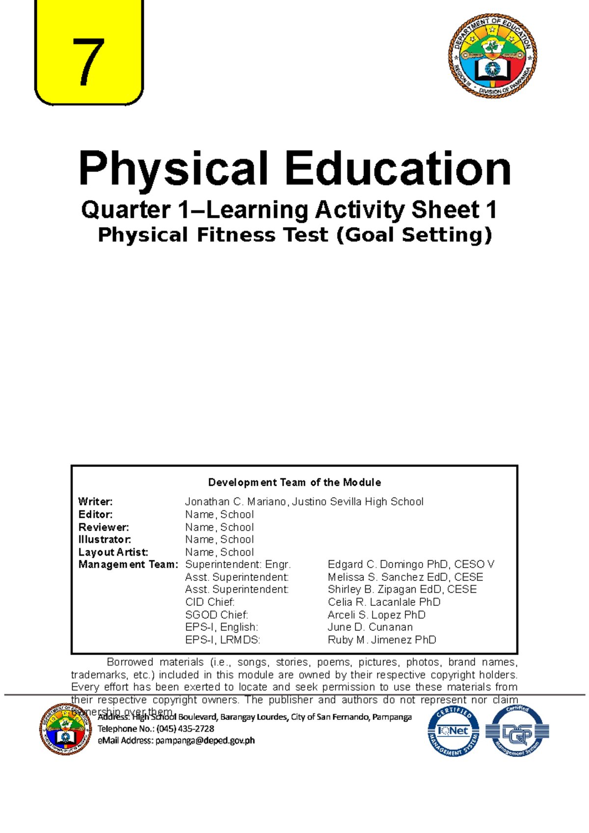 Pe7 q1 LAS1 physicalfitnesstest v1 - Physical Education Quarter 1 ...