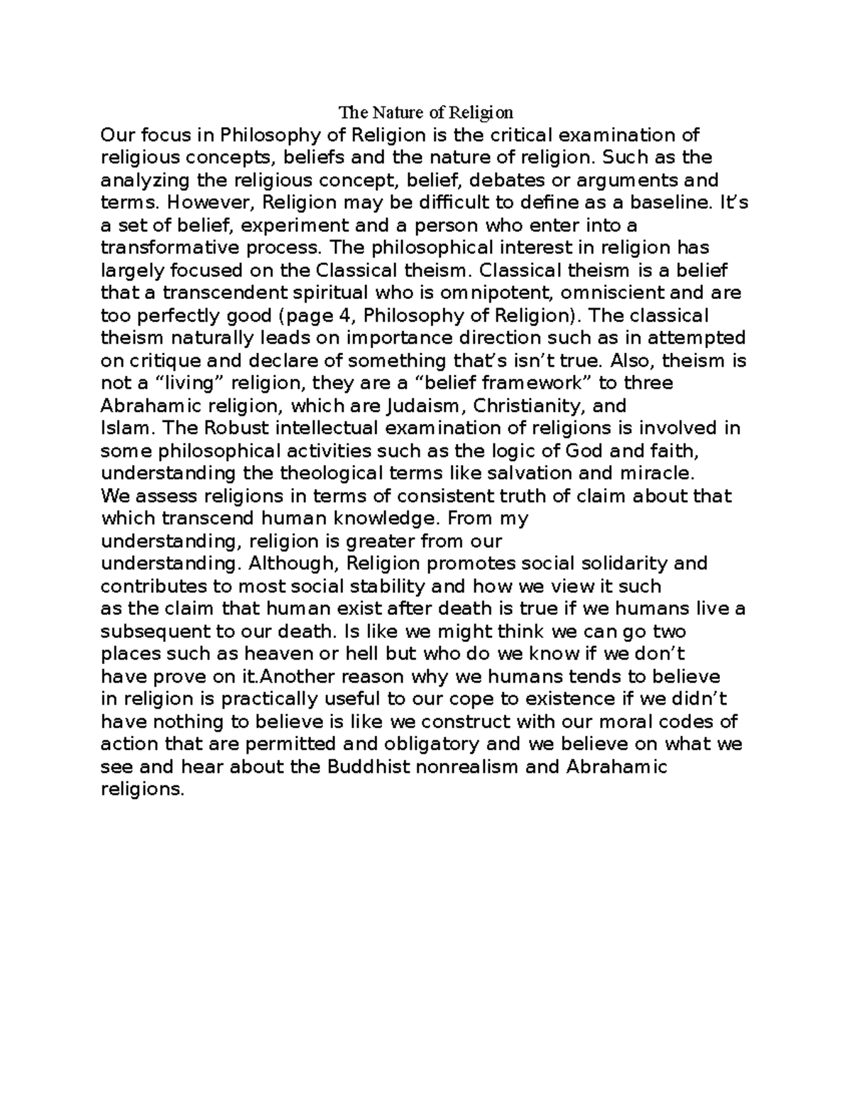 Nature of religion - Such as the analyzing the religious concept ...