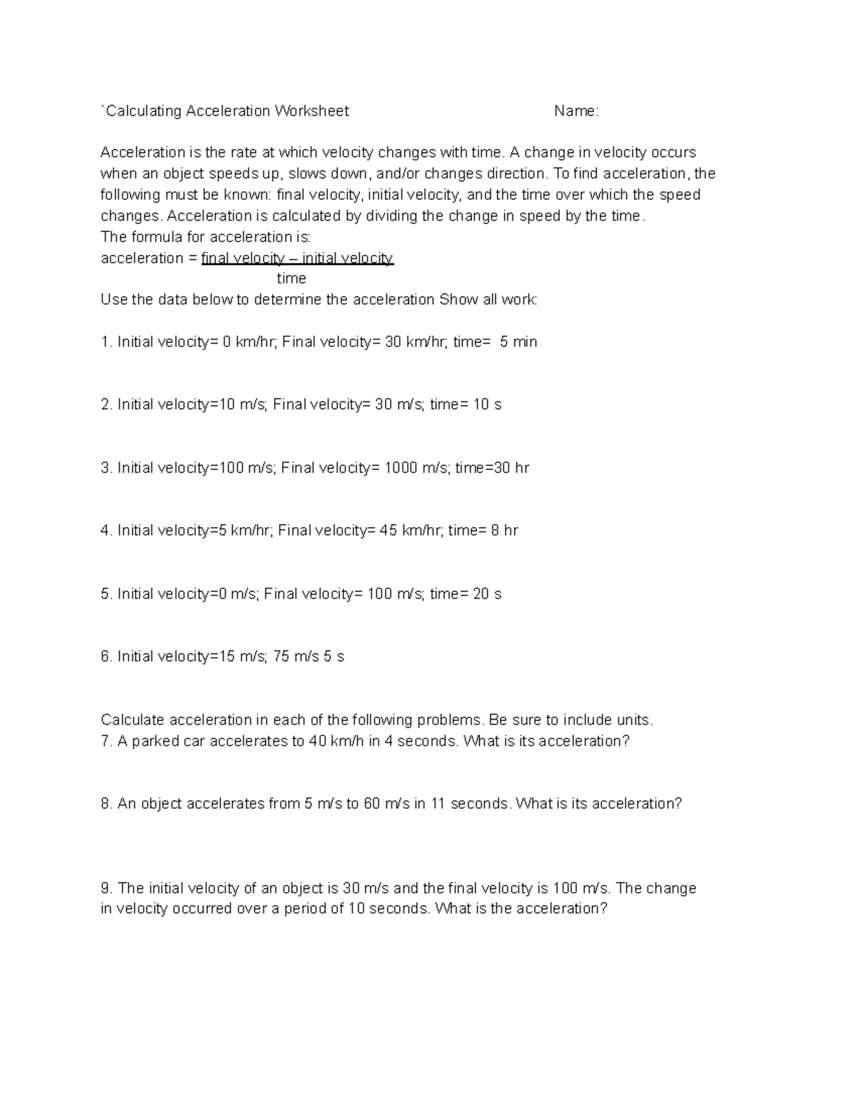 Landon Matlock - Calculating Acceleration Worksheet - `Calculating ...