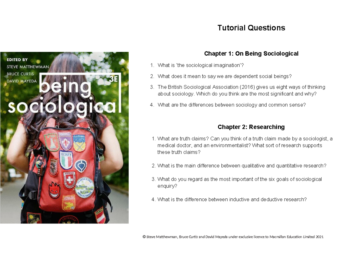 Week 2 Tutorial questions - Tutorial Questions Chapter 1: On Being ...