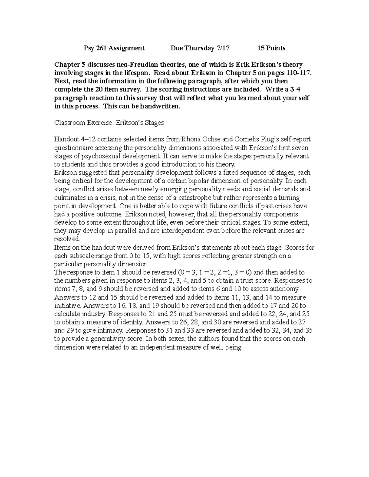 Erikson survey - Psy 261 Assignment Due Thursday 7/17 15 Points Chapter ...