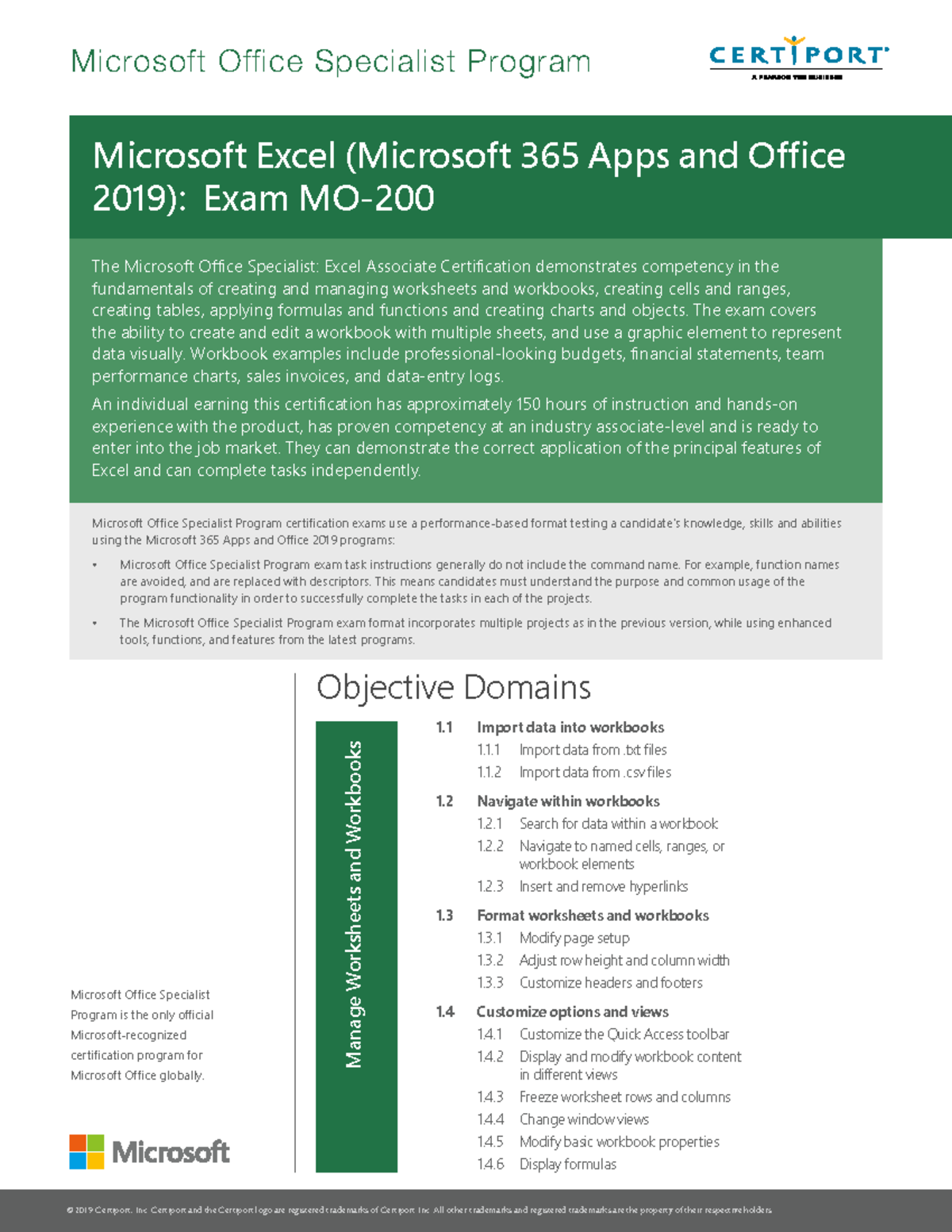 2019 Excel Core Objectives MOS - © 2019 Certiport, Inc. Certiport and ...
