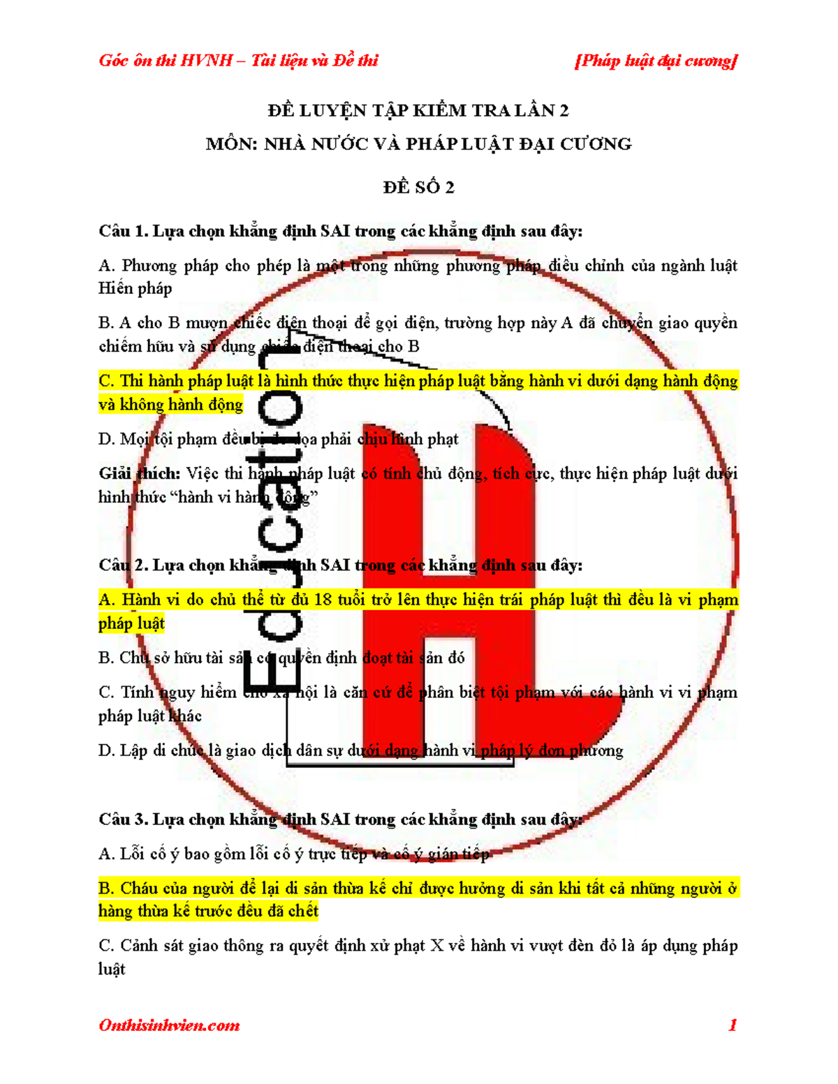 KT2 PLDC ĐỀ 2 - Kt2 - ĐỀ LUYỆN TẬP KIỂM TRA LẦN 2 MÔN: NHÀ NƯỚC VÀ PHÁP LUẬT ĐẠI CƯƠNG ĐỀ SỐ 2 ...