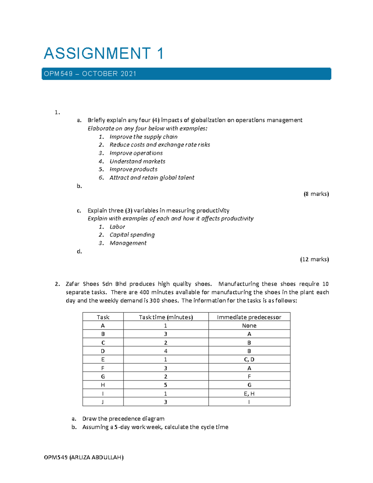 Assignment 1 - fyi - OPM549 (ARLIZA ABDULLAH) ASSIGNMENT 1 OPM549 – OCTOBER 2021 1. a. Briefly ...
