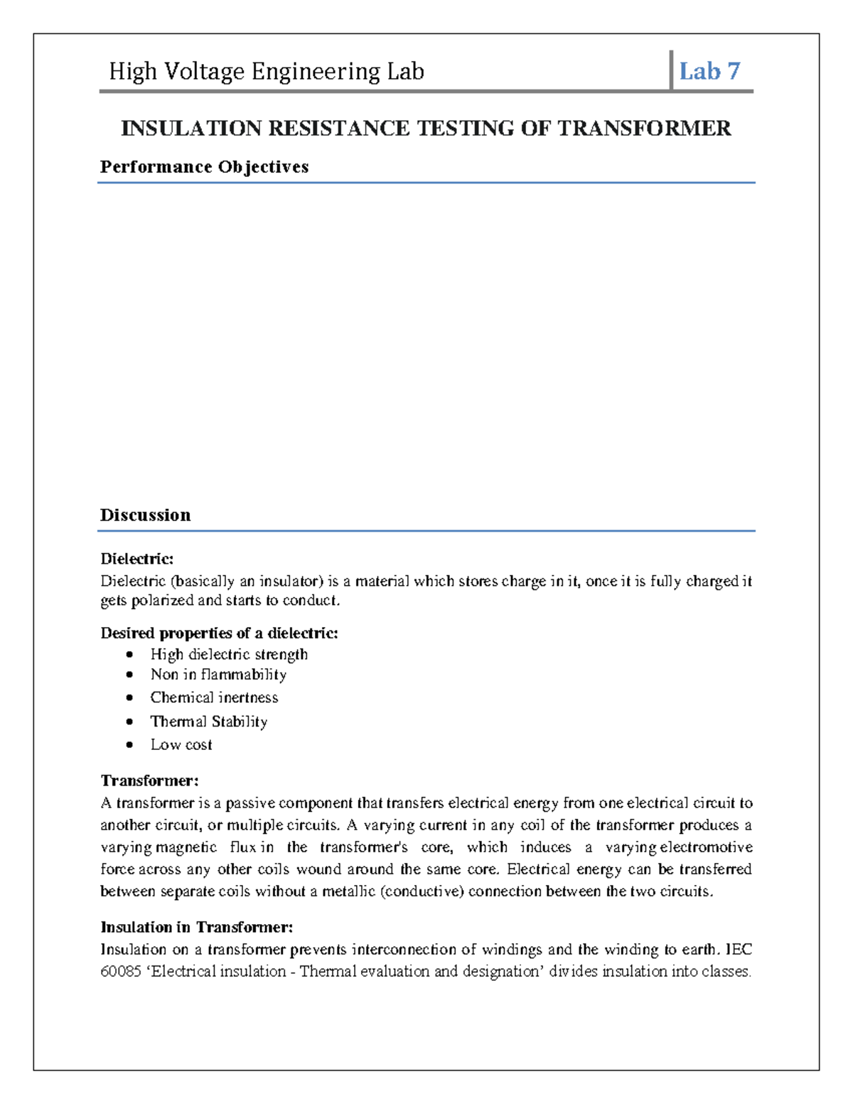 LAB 7 1 - INSULATION RESISTANCE TESTING OF TRANSFORMER Performance ...