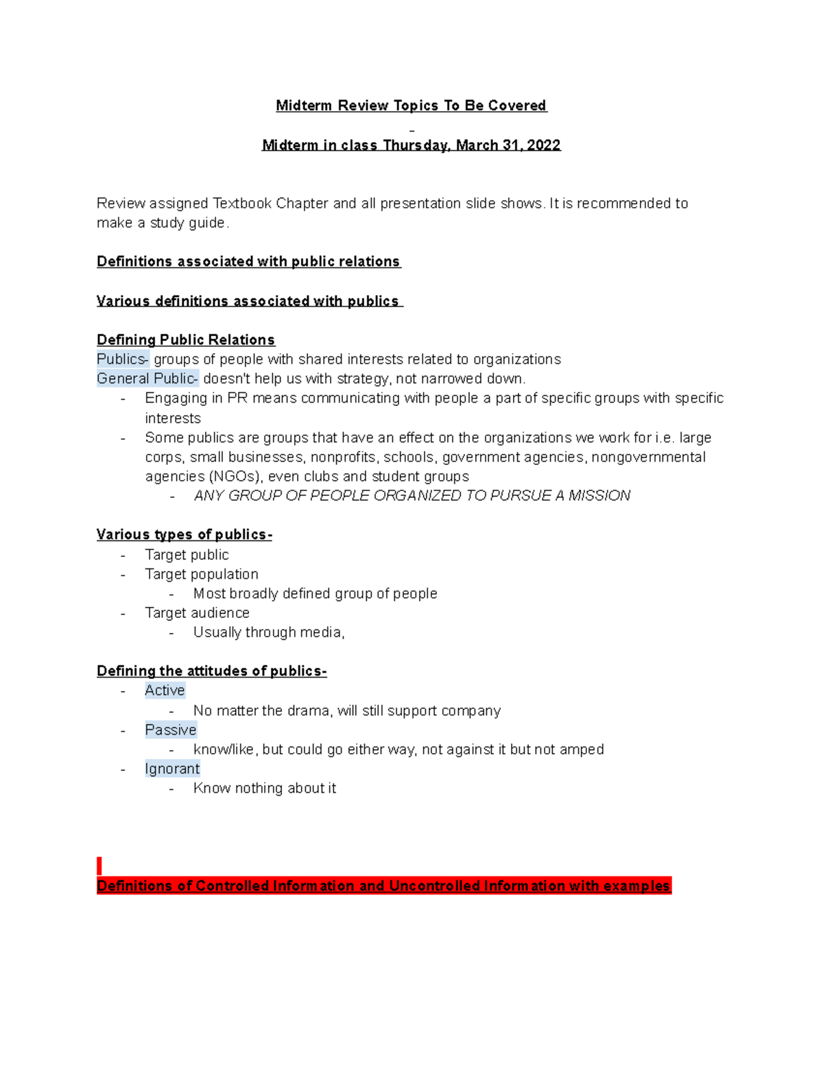Midterm Review - It is recommended to make a study guide. Definitions associated with public ...
