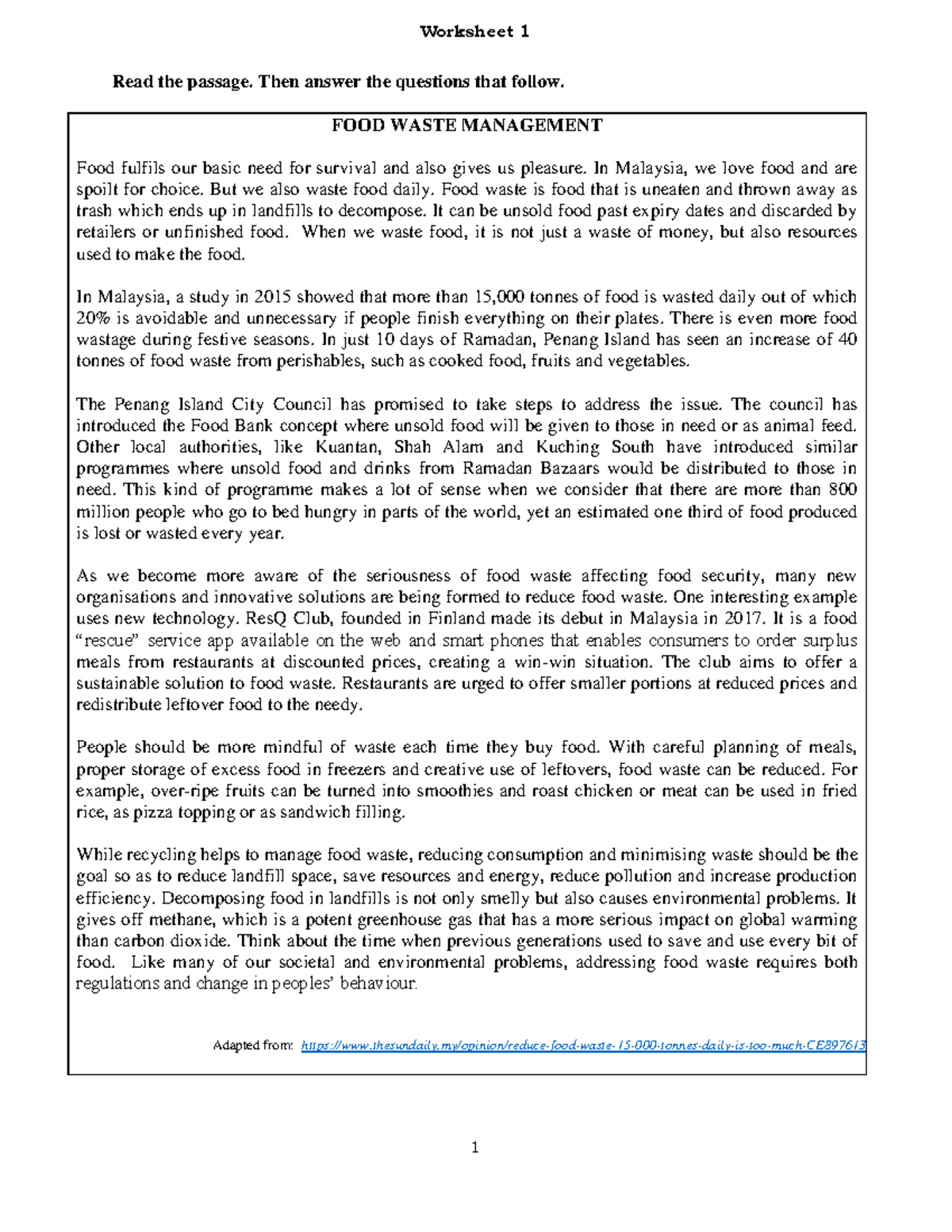 Food Waste management (Article) - Worksheet 1 1 Read the passage. Then ...