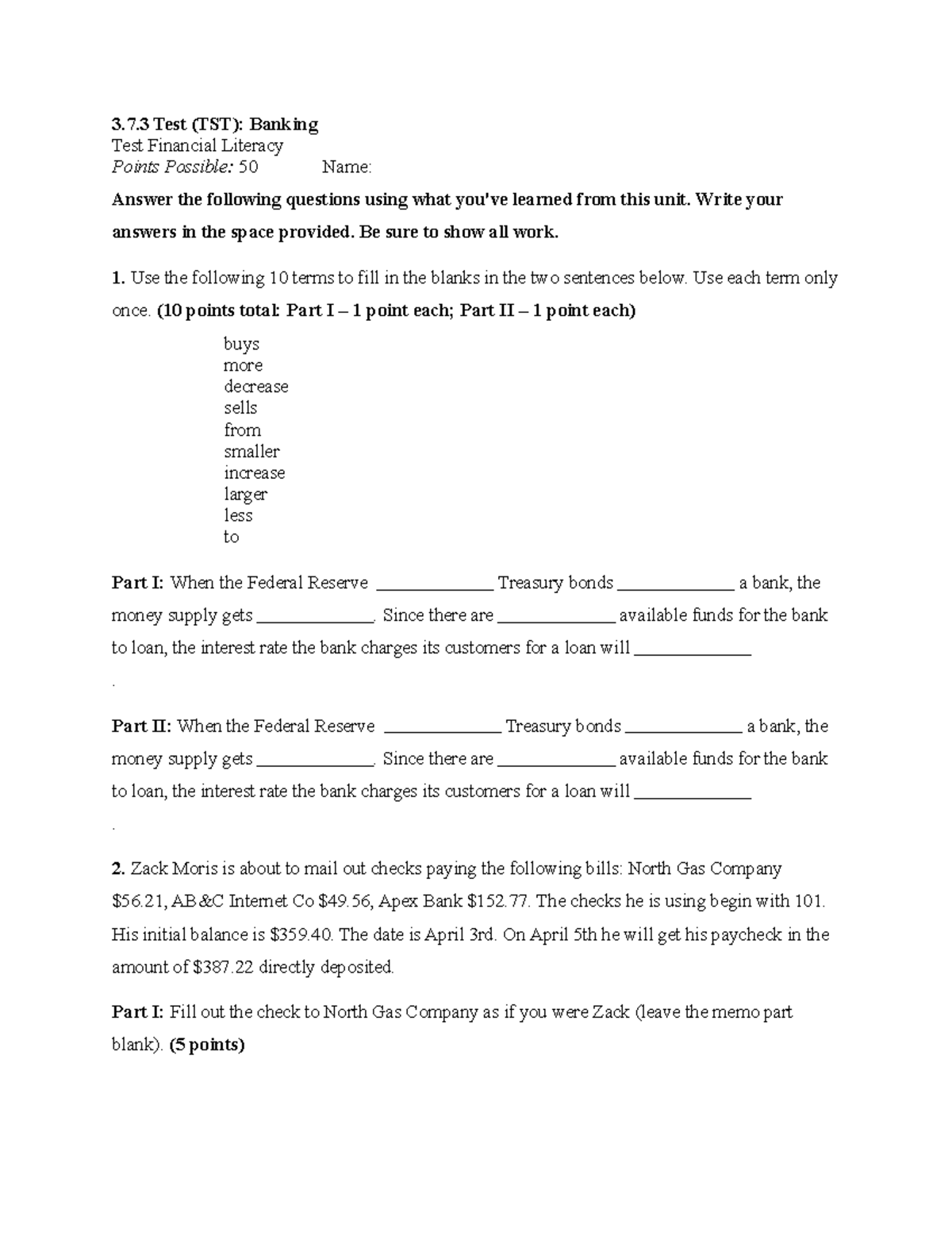 Unit 3 TST - material to use for lectures - 3.7 Test (TST): Banking ...