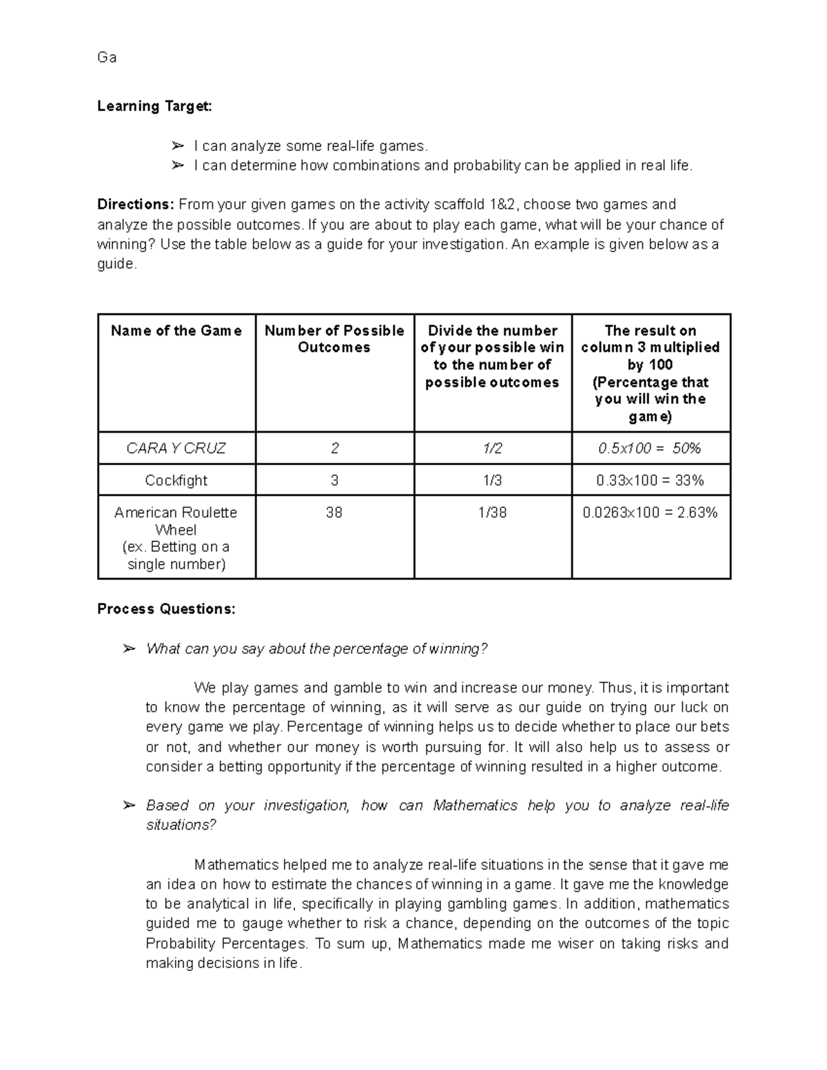 Gab - Percentage of Winning - Ga Learning Target: I can analyze some ...