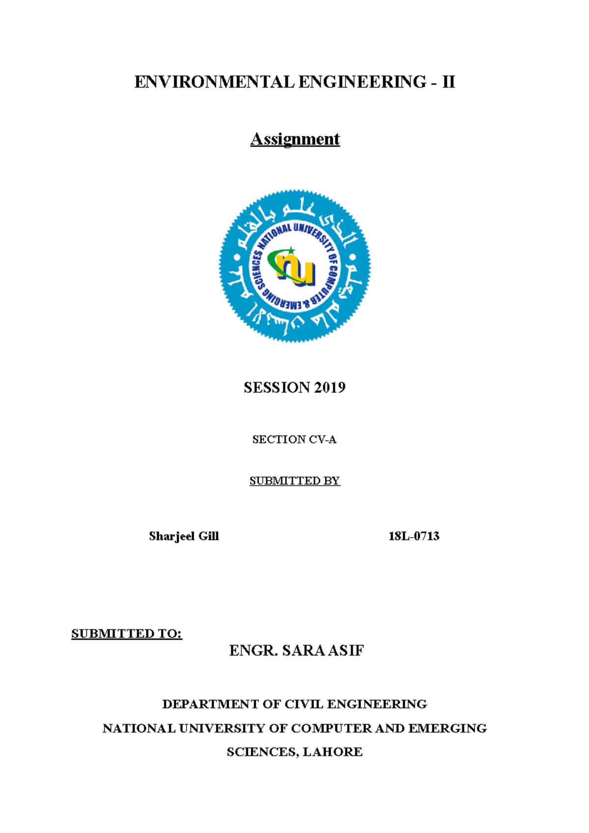 EE -2 (Assignment 1) - ENVIRONMENTAL ENGINEERING - II Assignment SESSION 2019 SECTION CV-A ...