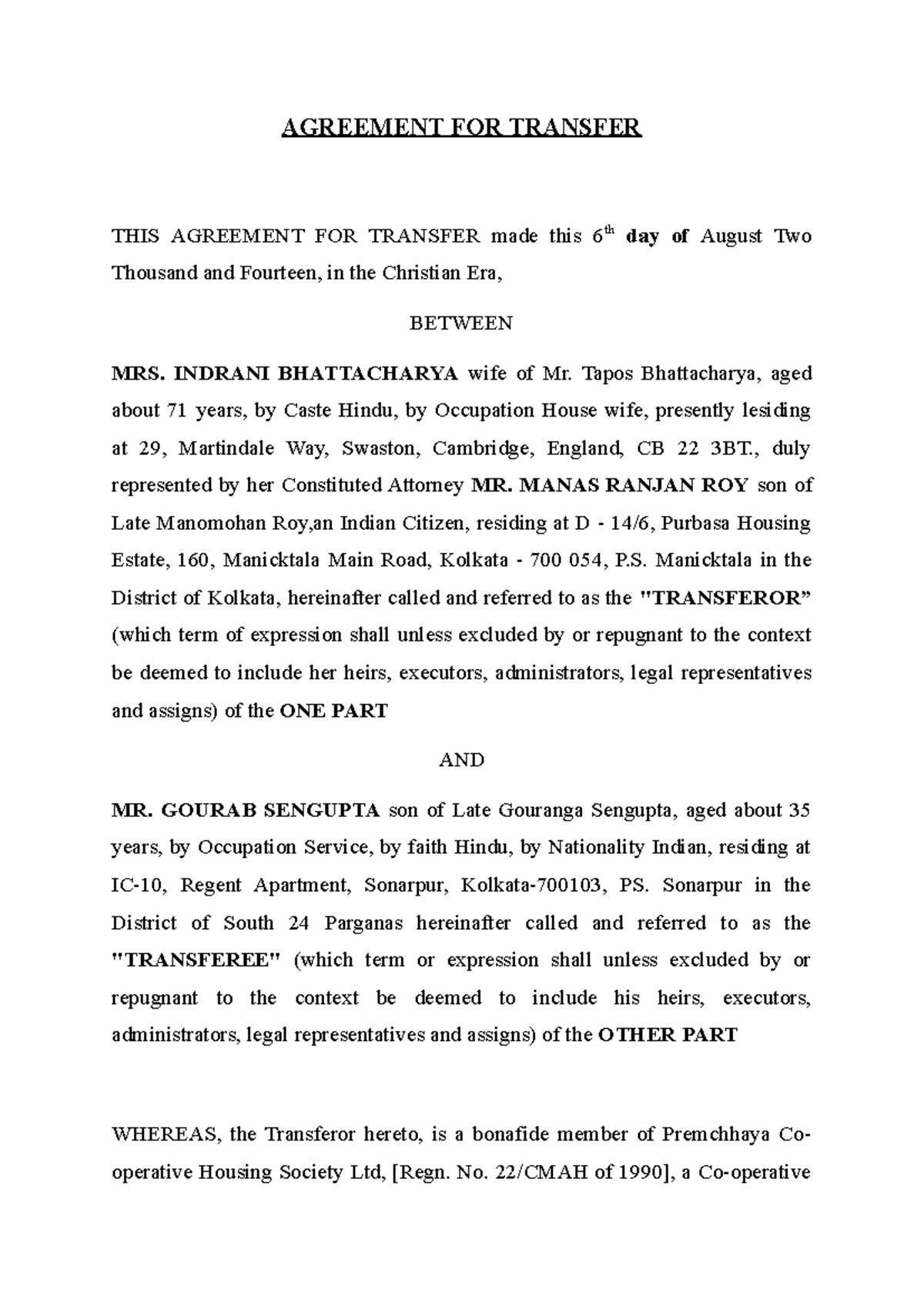 Agreement FOR Transfer - AGREEMENT FOR TRANSFER THIS AGREEMENT FOR ...