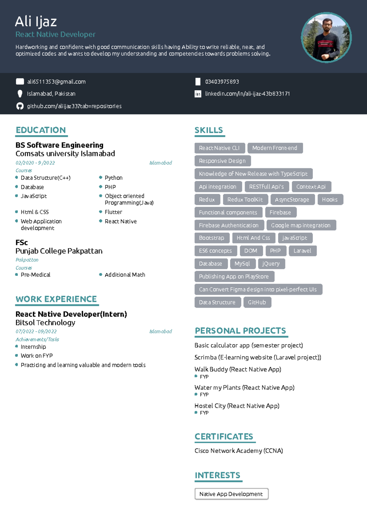 Ali resume - rretyr - Ali Ijaz React Native Developer Hardworking and ...