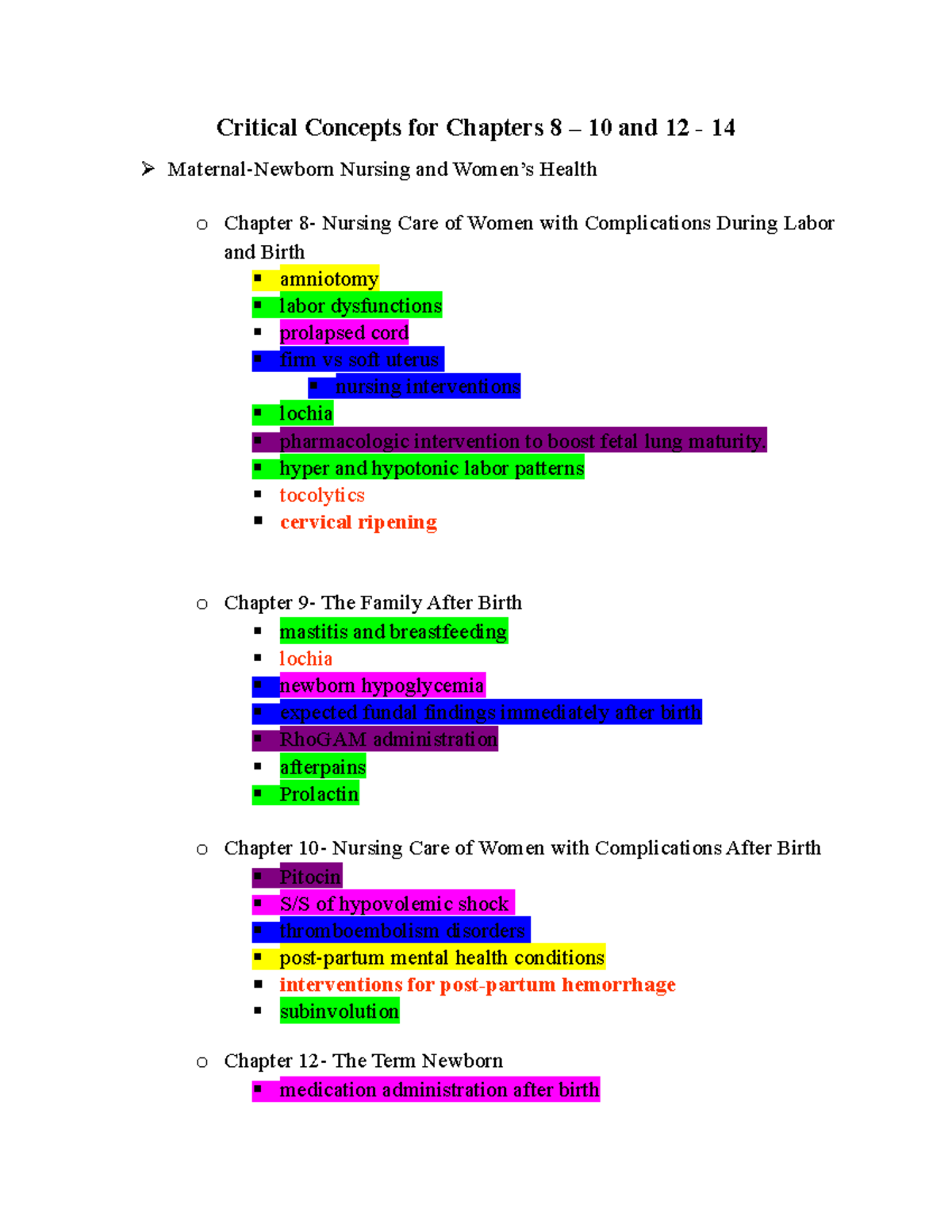 Critical Concepts for Chapters 8-14 (1) - Copy - Critical Concepts for ...
