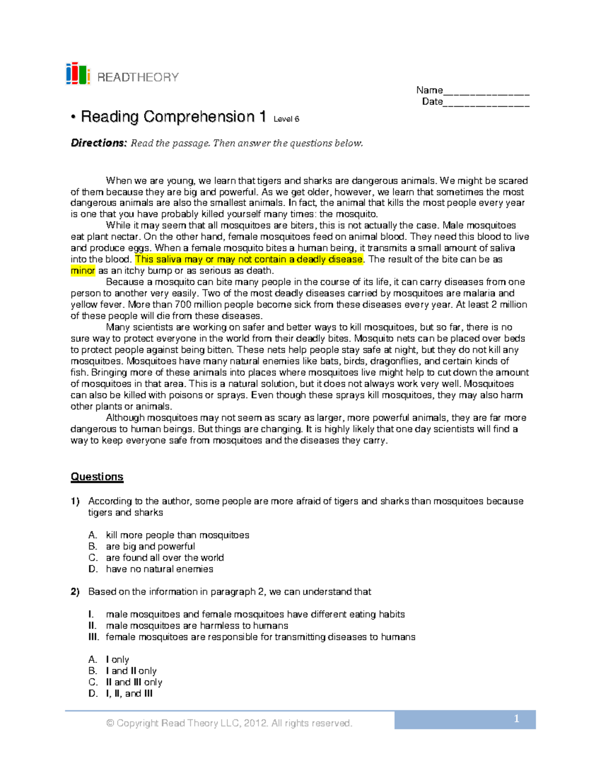 Level 6 Passage 1 reading for grade6 - © Copyright Read Theory LLC ...
