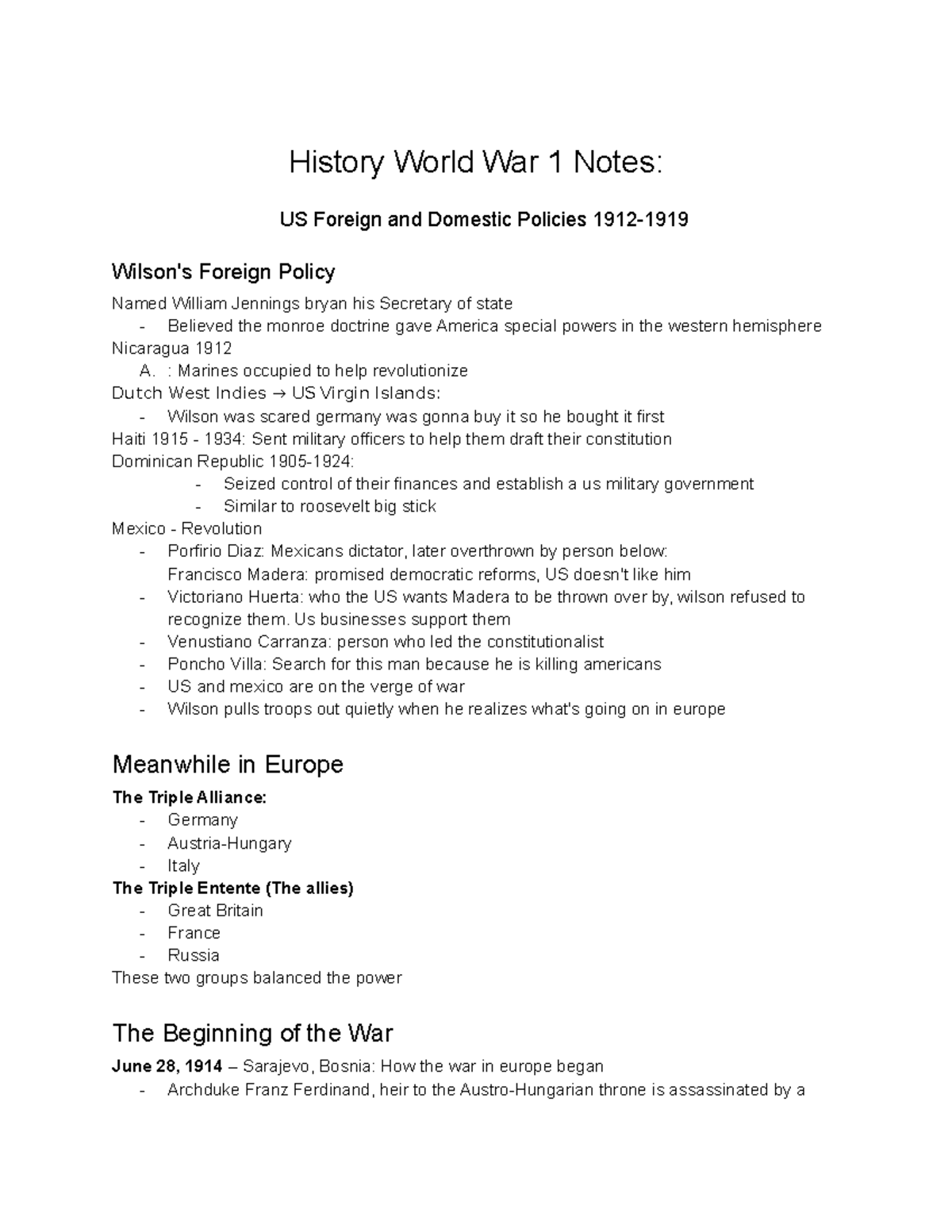 History World War 1 Notes - History World War 1 Notes: US Foreign and ...