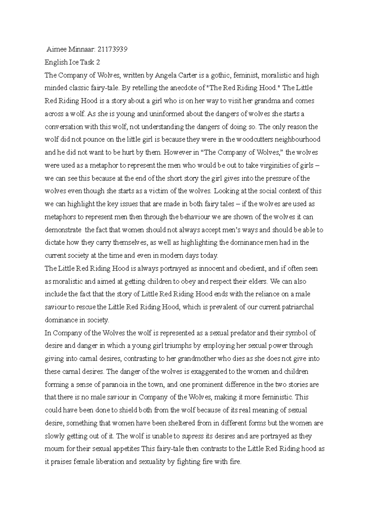 The Company of Wolves Ice Task - Aimee Minnaar: 21173939 English Ice ...