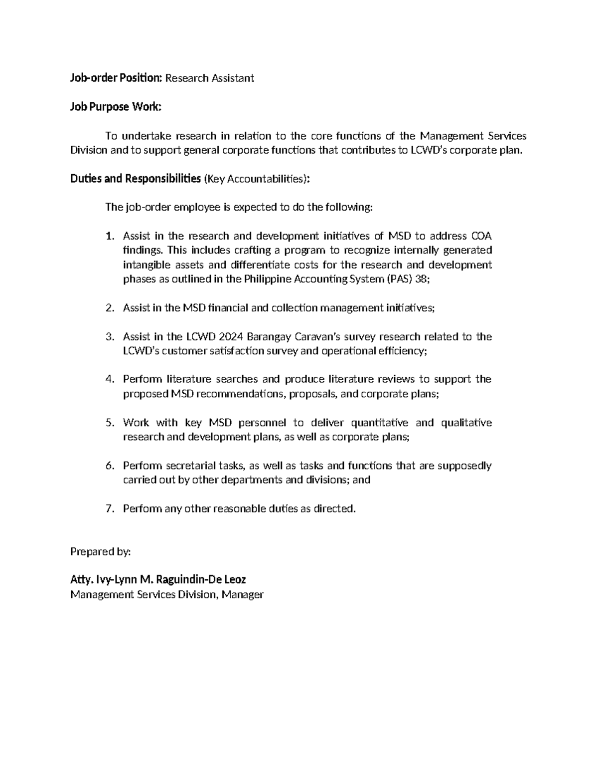 Job Description Research Assistant - Job-order Position: Research ...