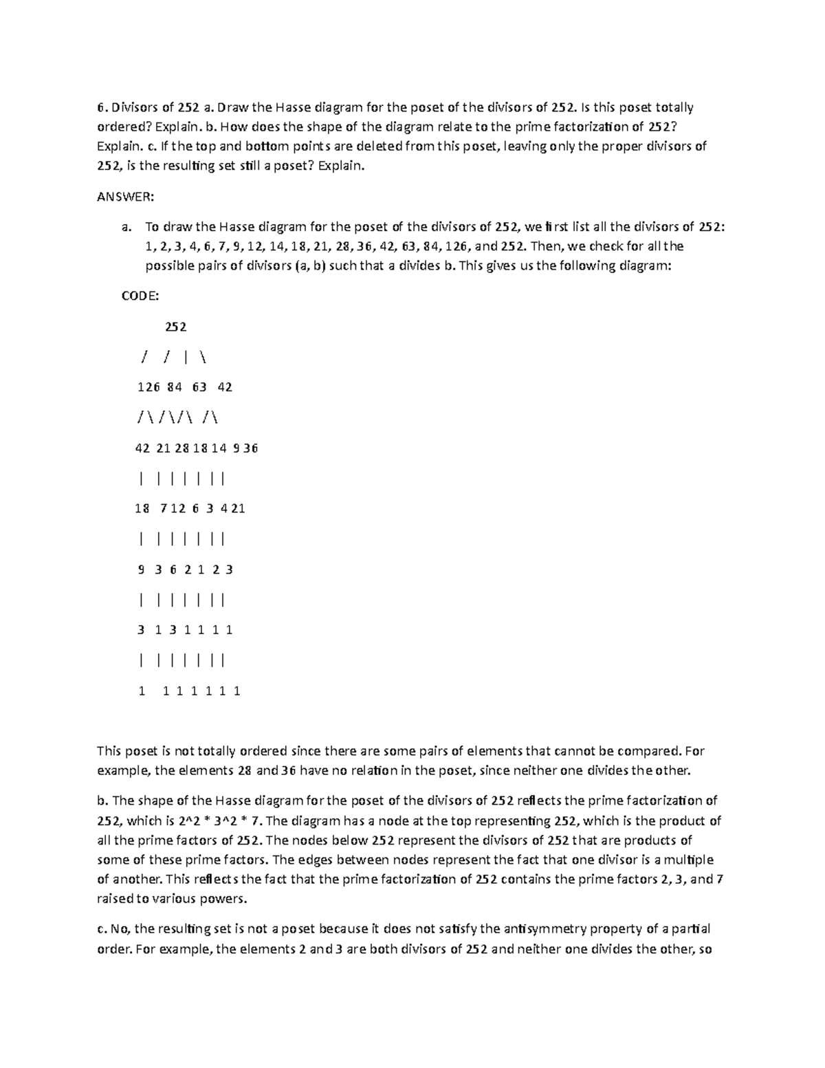 Introduction to Software Engineering (CSE291) - Divisors of 252 a. Draw the Hasse diagram for ...