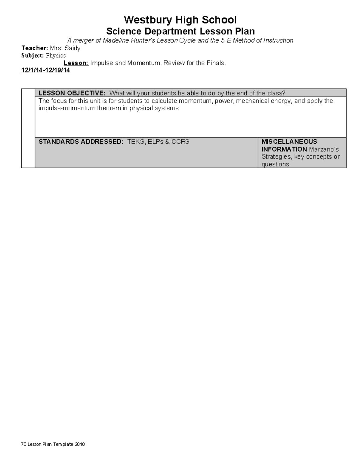 Momentum and Impulse lesson plan - Westbury High School Science ...