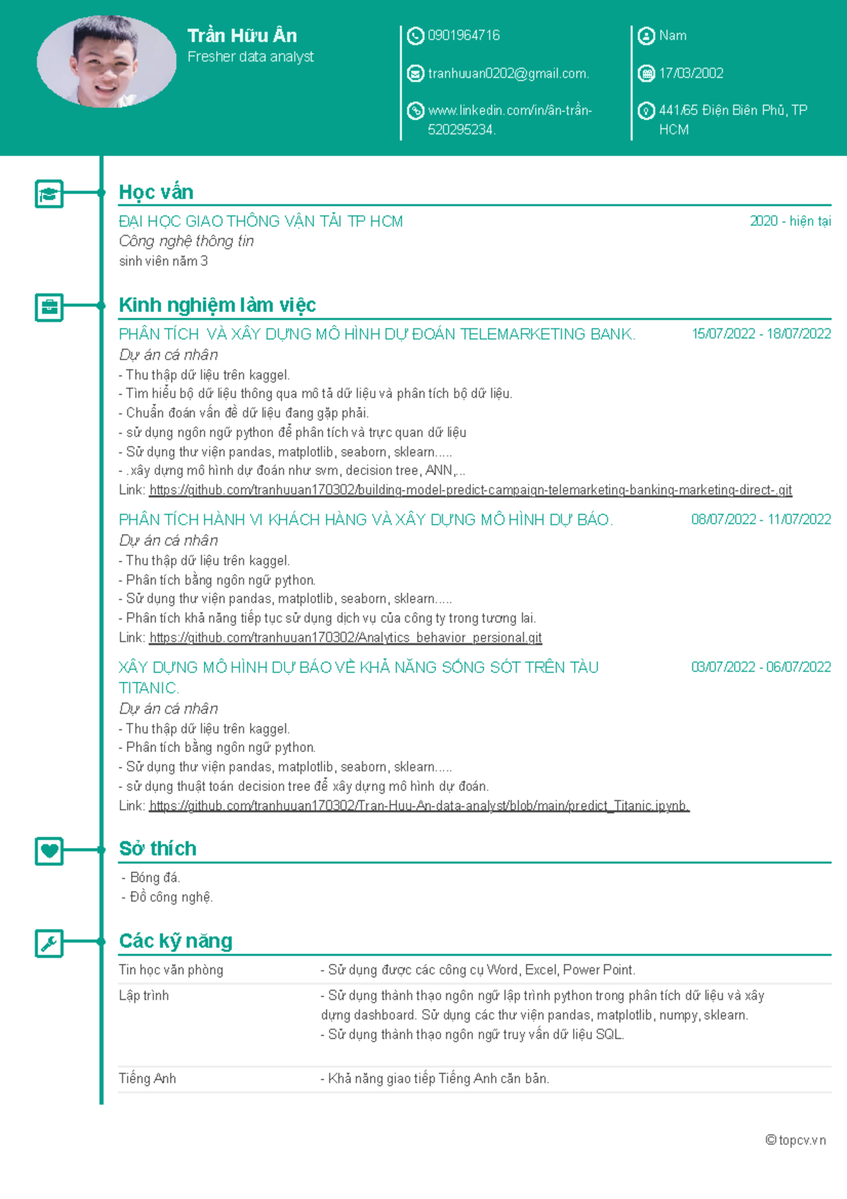 CV-data Analyst - tài liệu vô cùng hữu ích - Trần Hữu Ân Fresher data ...