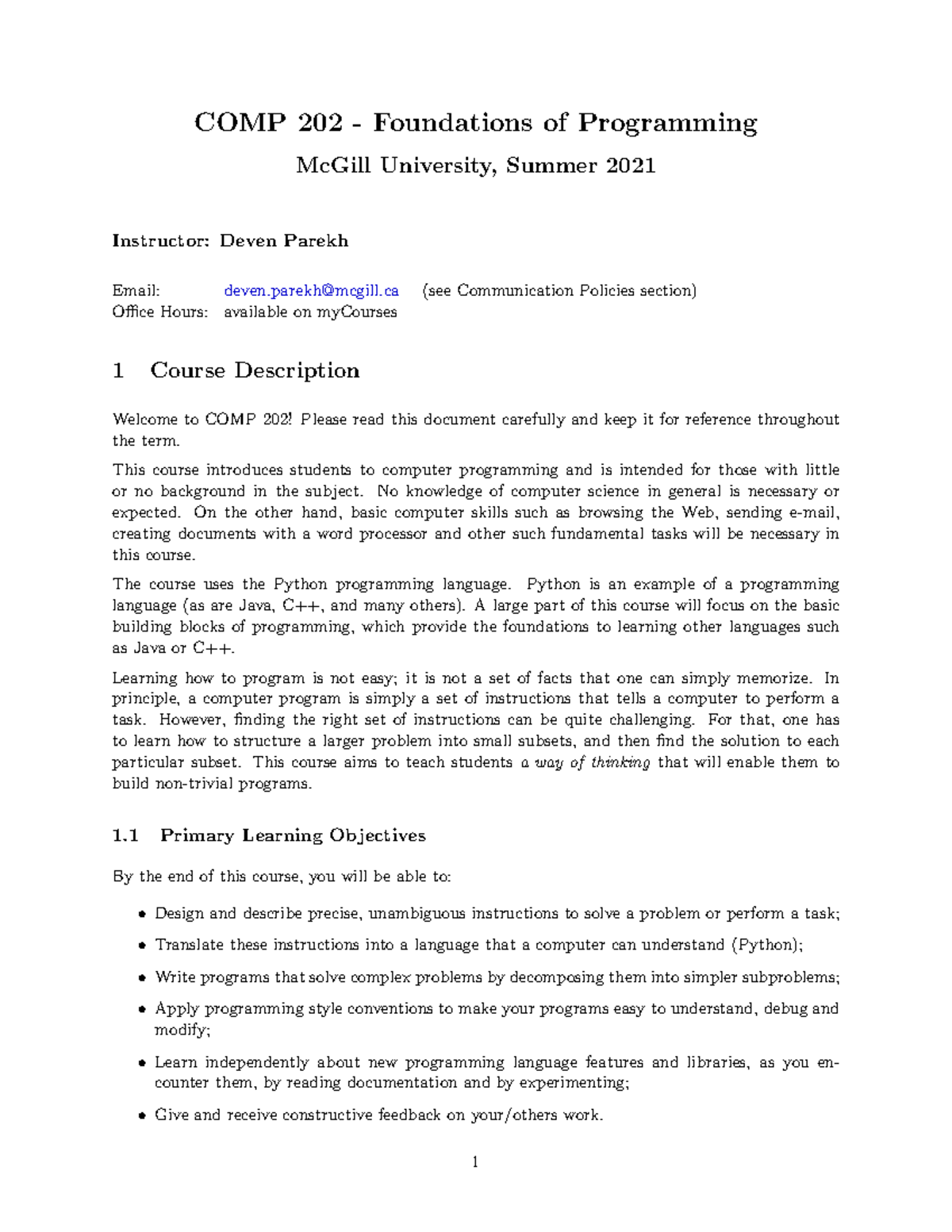 COMP202 Summer 2021 Syllabus - Cs 230 - UWaterloo - Studocu