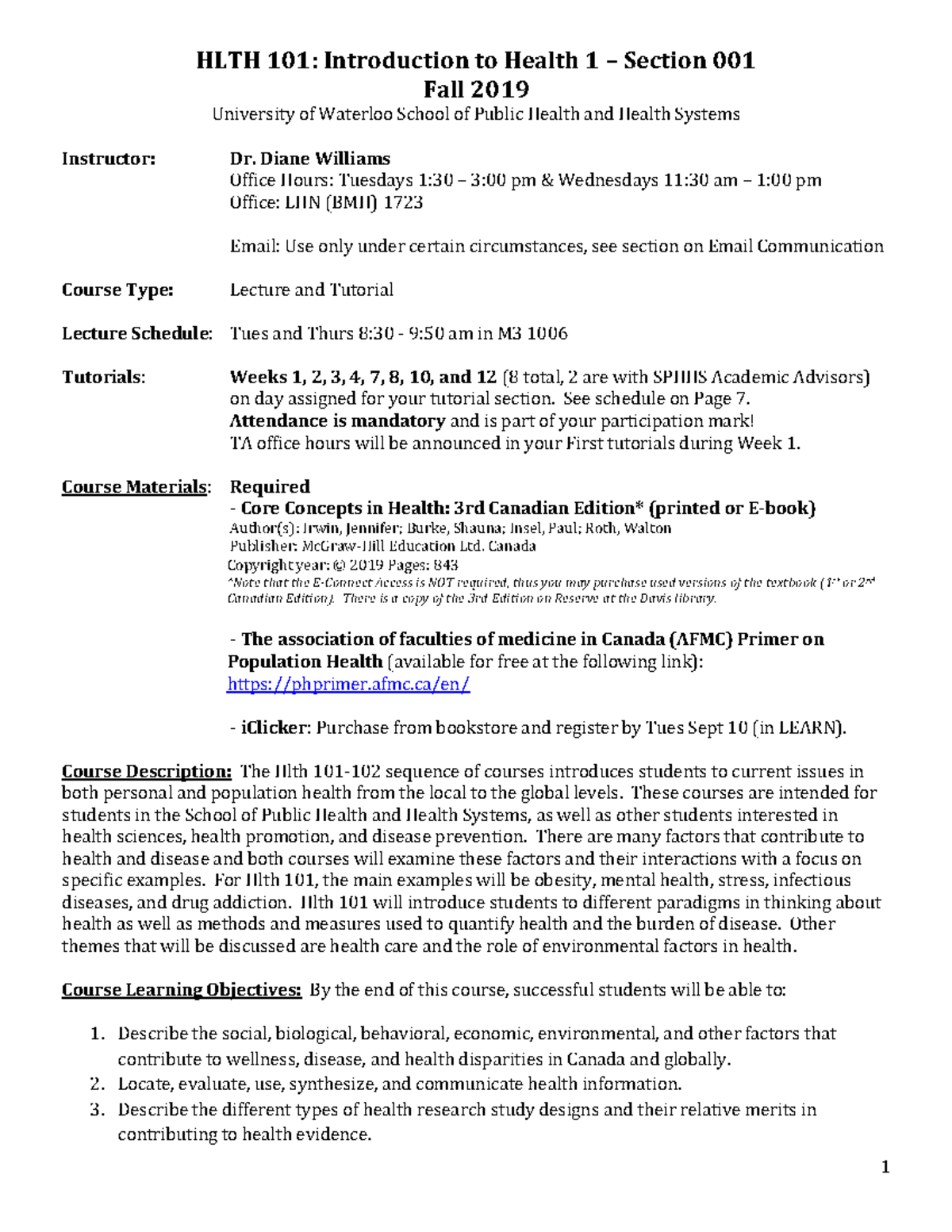 HLTH101 Section 001 Syllabus Fall2019 DWilliams - HLTH 101: Introduction to Health 1 – Section ...