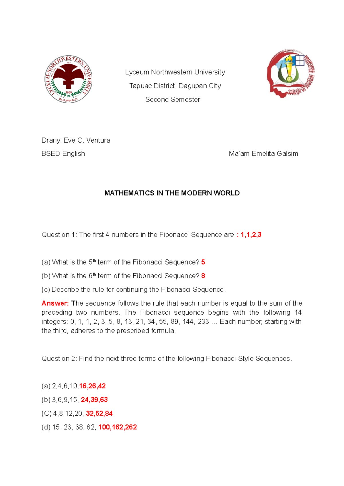 Fibo - Mathematics in the Modern World - Lyceum Northwestern University ...