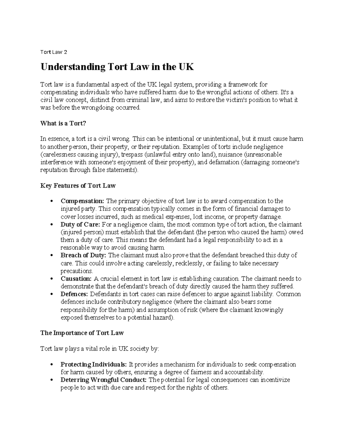 Understanding of Tort LAW - Tort Law 2 Understanding Tort Law in the UK ...