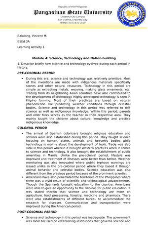 STS Learning Activity 1 Module 9_GE6 - Module 9: Learning Activity 1 ...