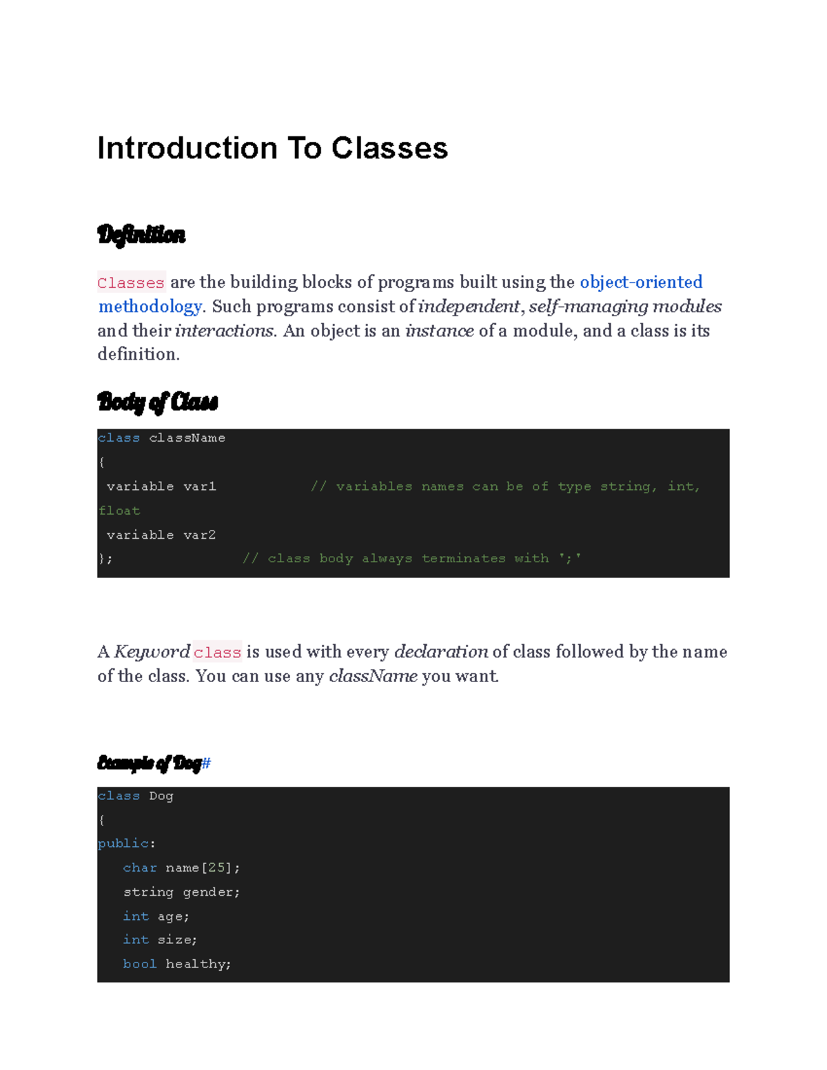 C++ ch-class notes - useful note - Introduction To Classes Definitio ...