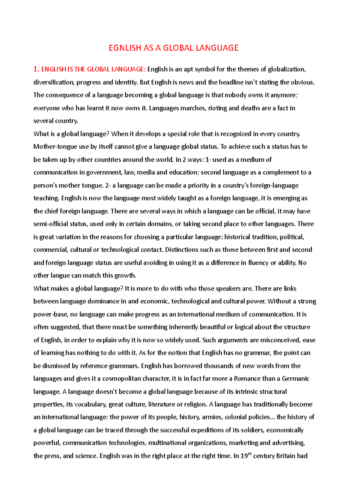 Egnlish AS A Global Language riassunto - EGNLISH AS A GLOBAL LANGUAGE 1 ...