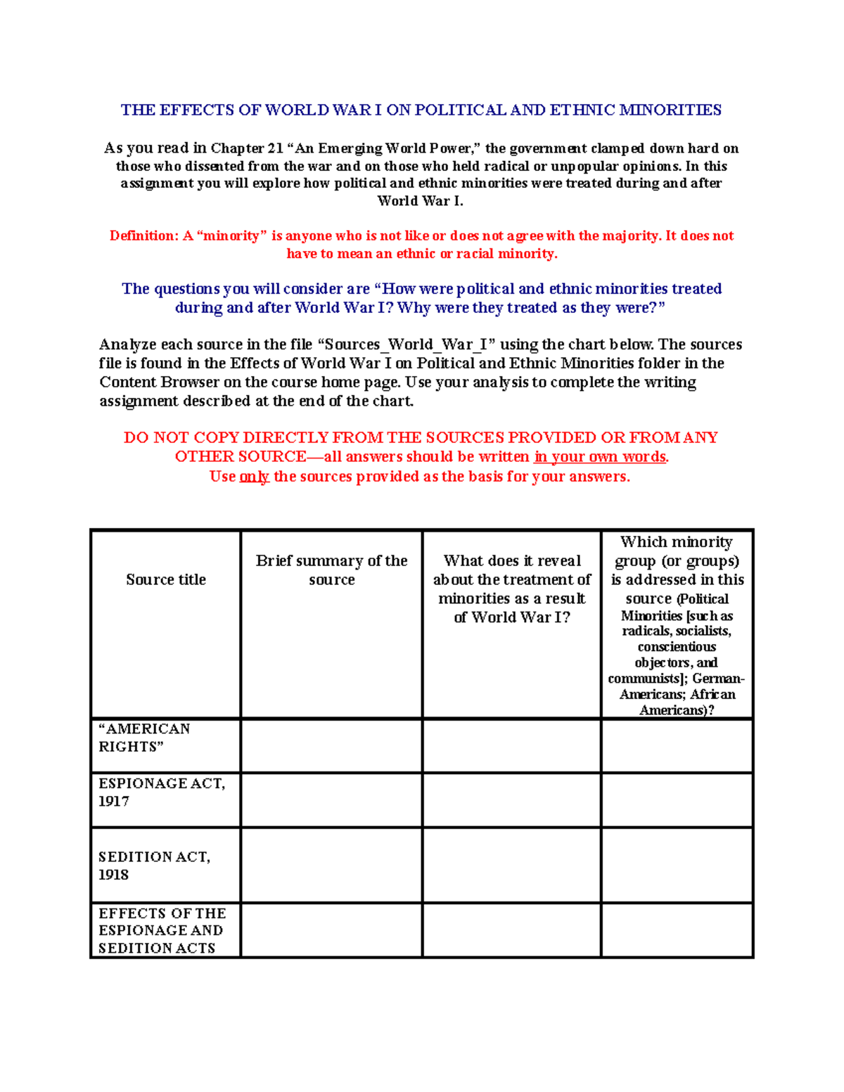 Peters Minorities In World War I - THE EFFECTS OF WORLD WAR I ON ...