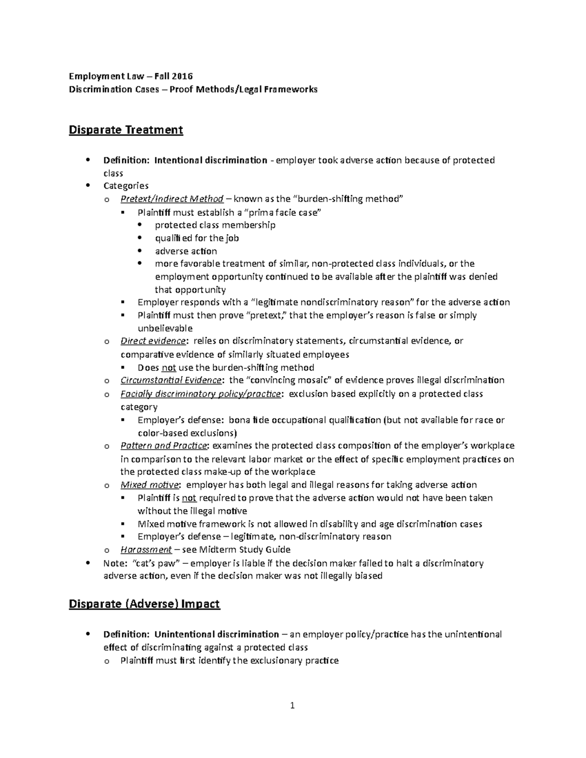 Discrimination Law Summary - Employment Law – Fall 2016 Discrimination ...