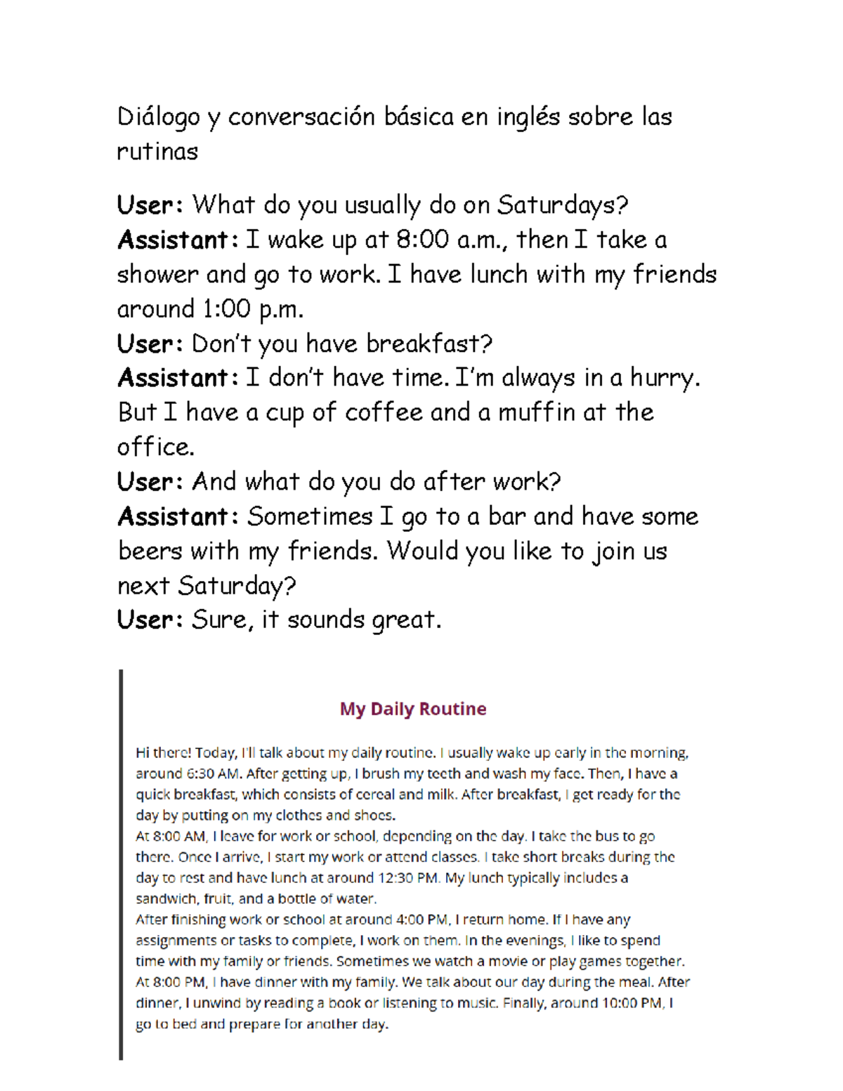 Diálogo y conversación básica en inglés sobre las rutinas - Diálogo y ...